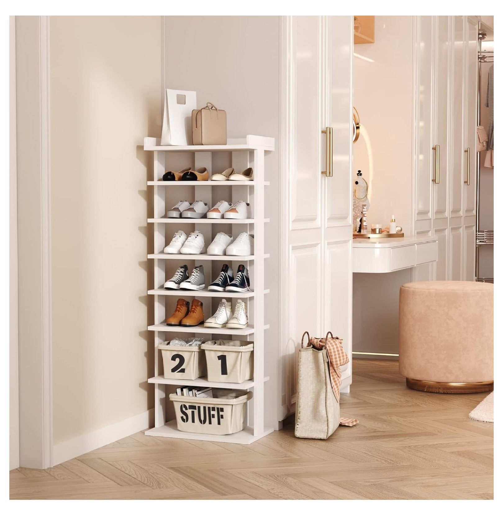 7-Tier Wood Shoe Rack, Double Rows 7-Tier Shoe Shelf, Shoe Storage ...