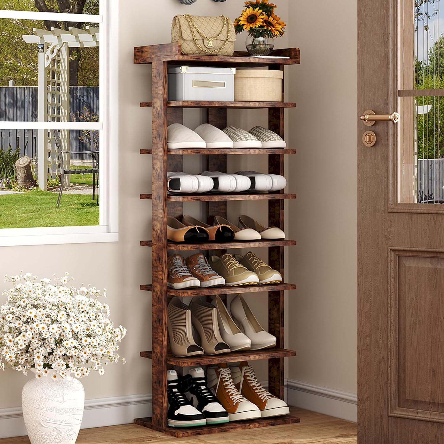 7-Tier Wood Shoe Rack, Double Rows Shoe Shelf, Shoe Storage Stand, Entryway Shoe Tower, Vertical ...