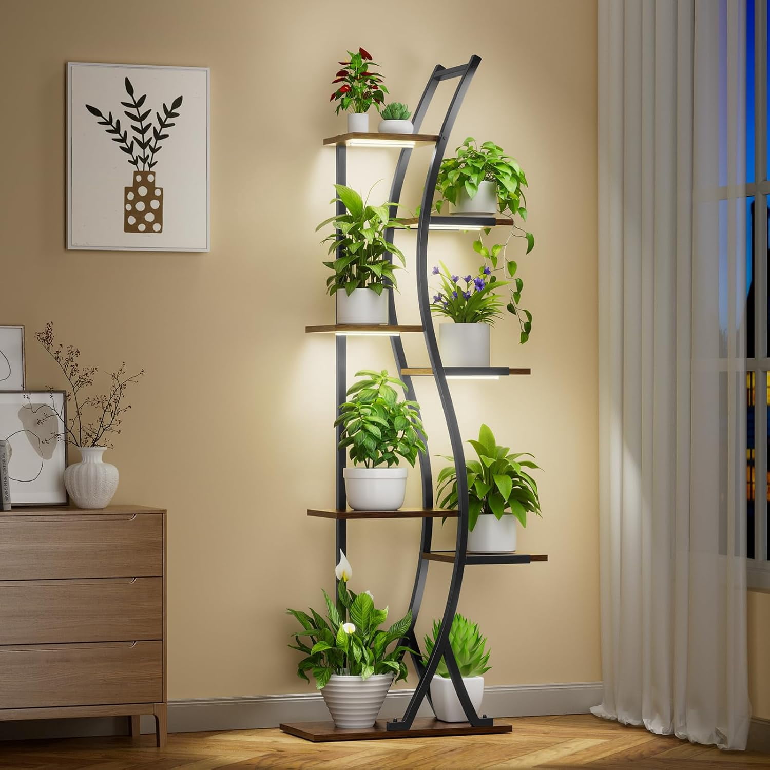 - 7 Tiered Tall Metal Plant Shelf - Corner Wooden Plant Stand for ...