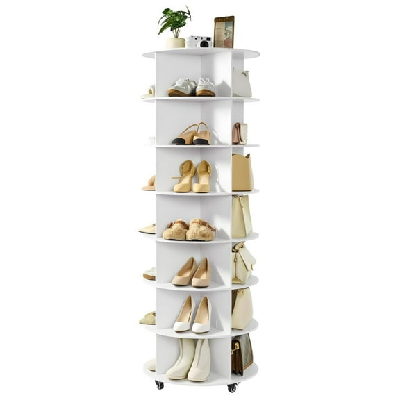 7 Tiers Rotating Shoe Rack Tower with Wheels, Movable 360° Spinning ...