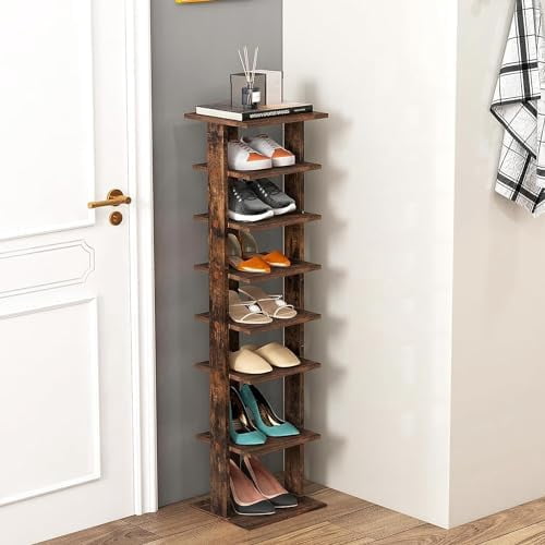 7 Tiers Vertical Shoe Rack, Wooden Slim Shoe Storage Shelf, Narrow ...