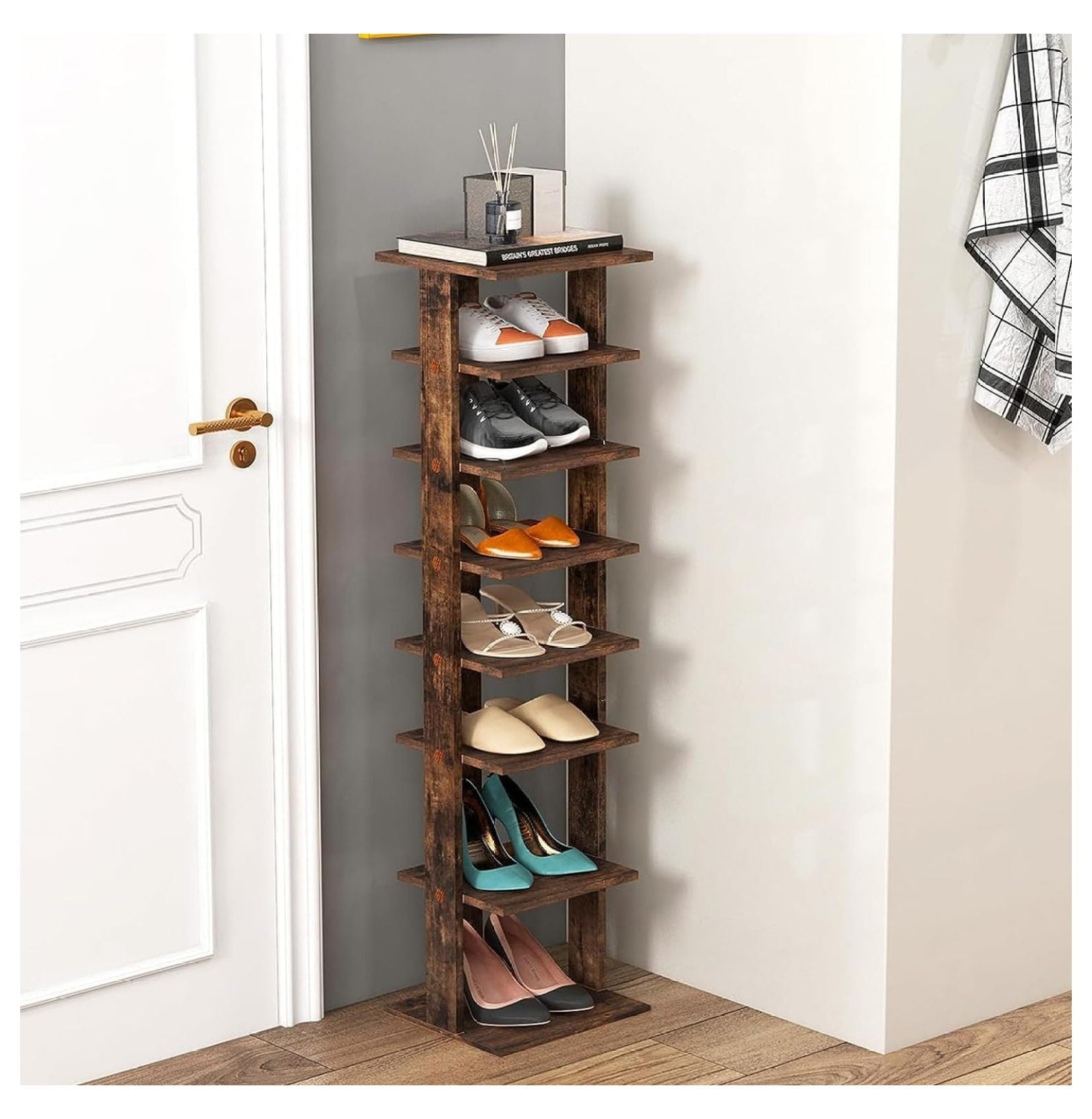 7 Tiers Vertical Shoe Rack, Wooden Slim Shoe Storage Shelf, Narrow Shoe ...