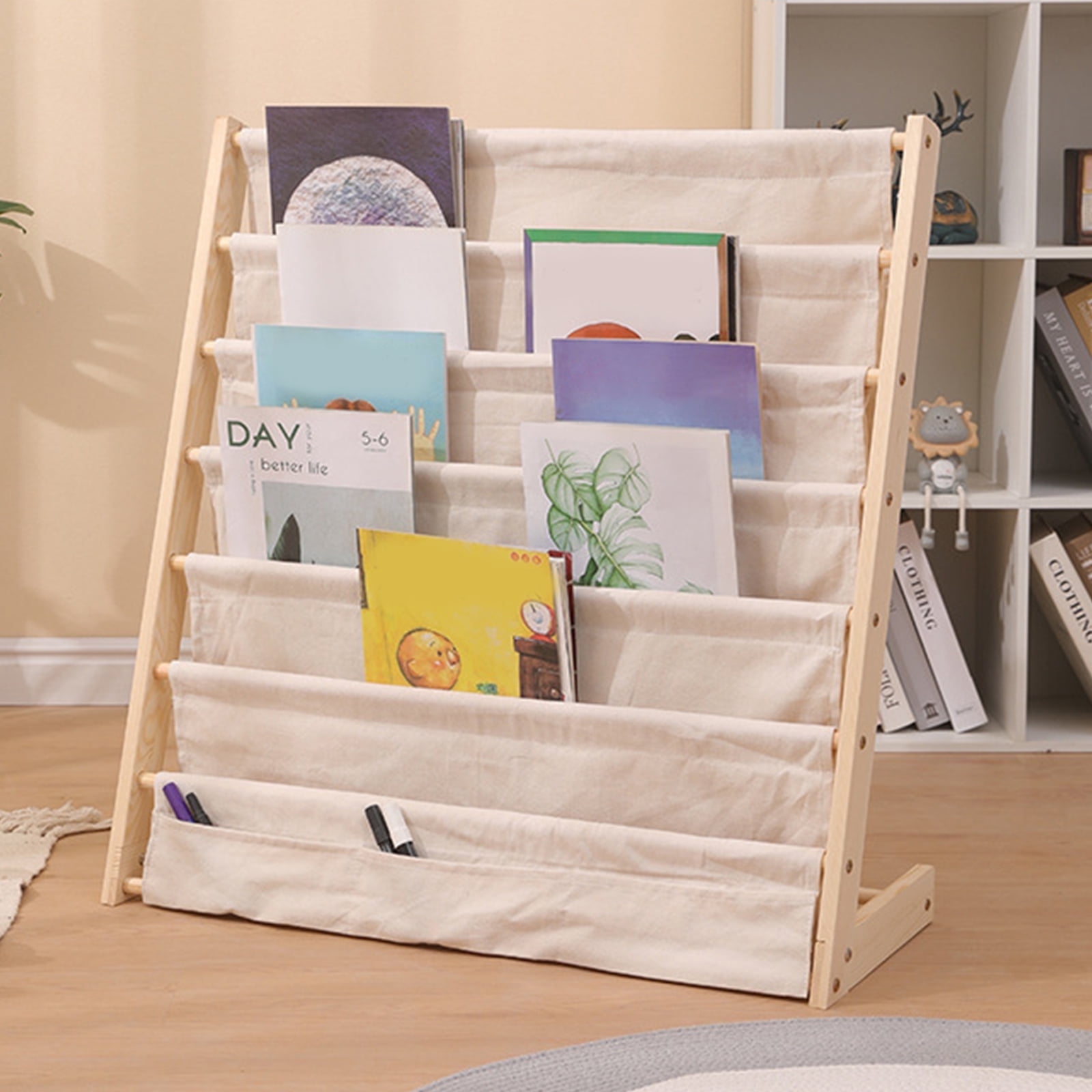 7 Tiers Wooden Kids Book Rack Storage Bookshelf Kids Canvas Sling ...