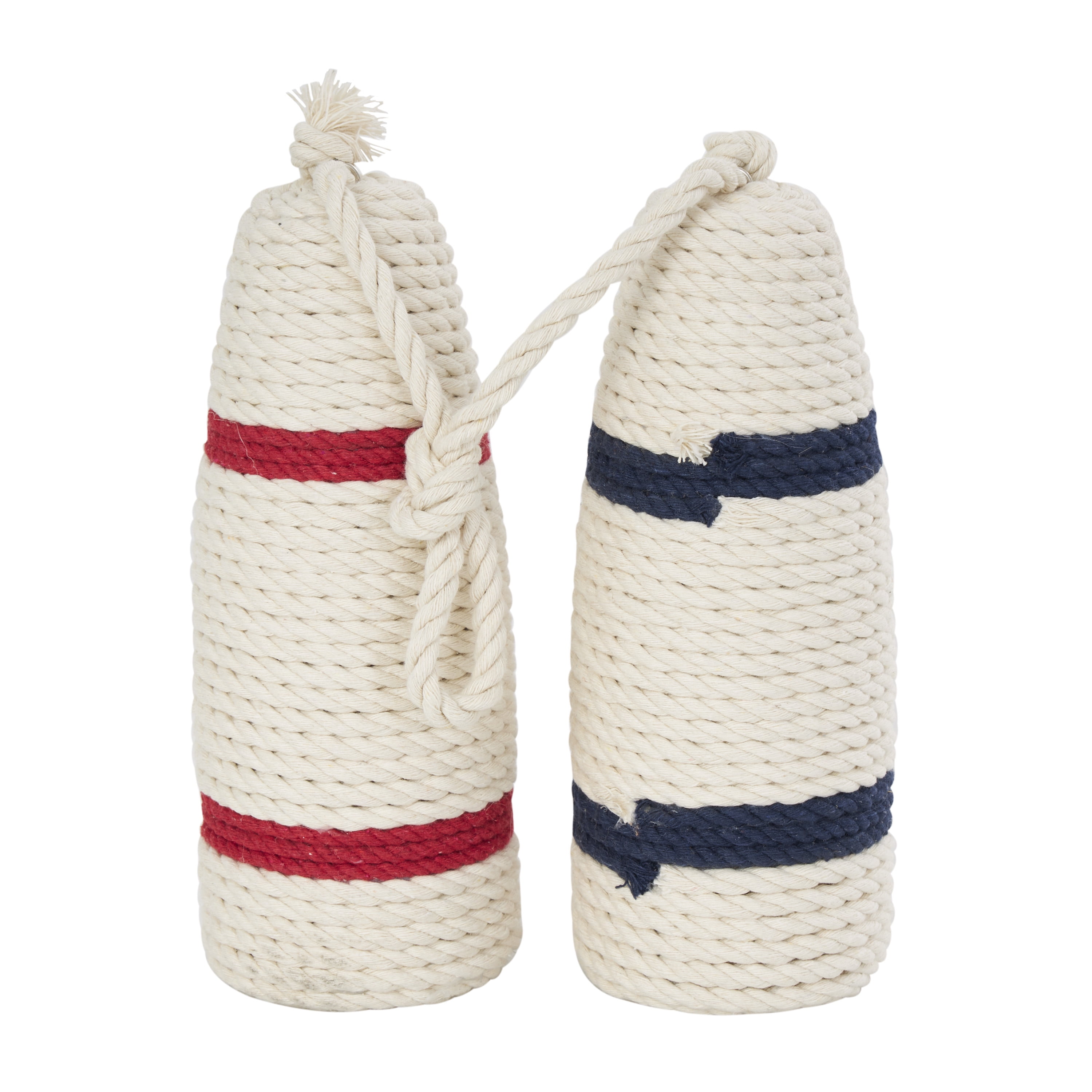 7"W, 10"H White Wood Handmade Coiled Striped Rope Buoy Sculpture with ...