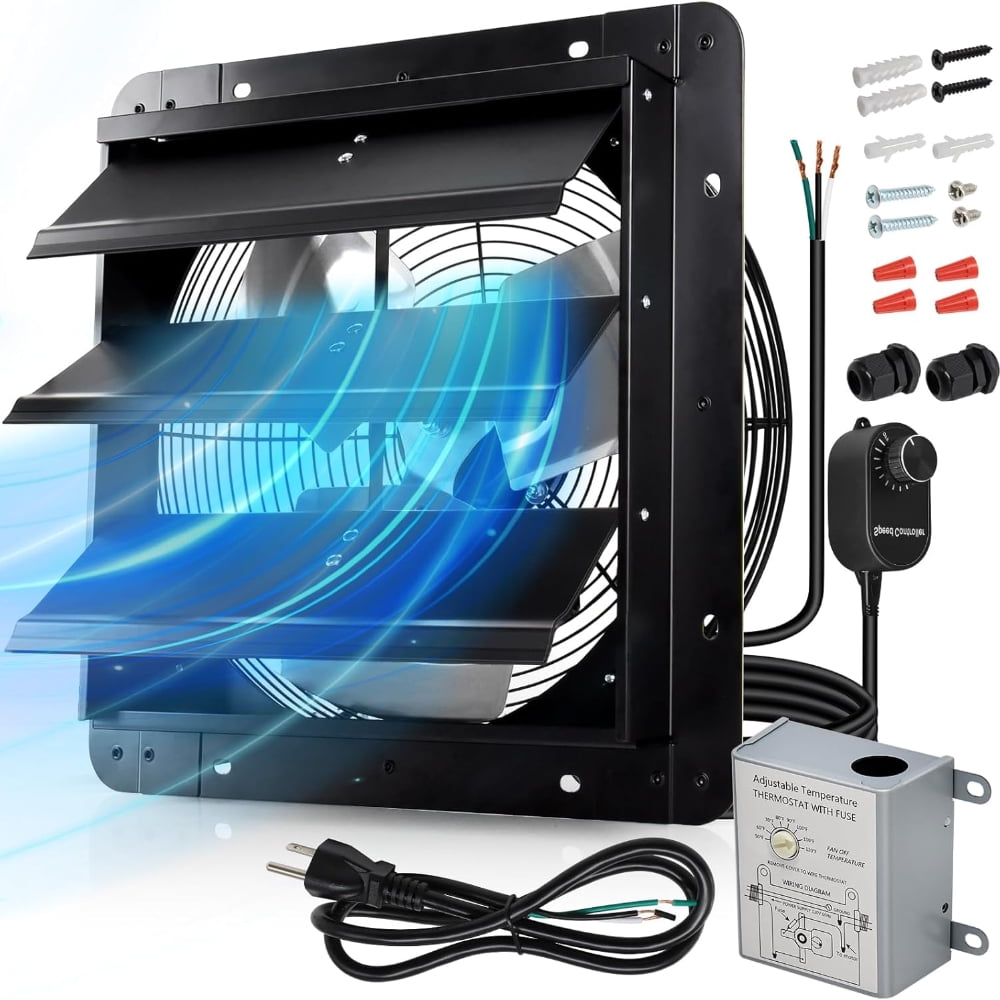 7" Wall Mounted Shutter Exhaust Fan with Speed Controller and Power ...