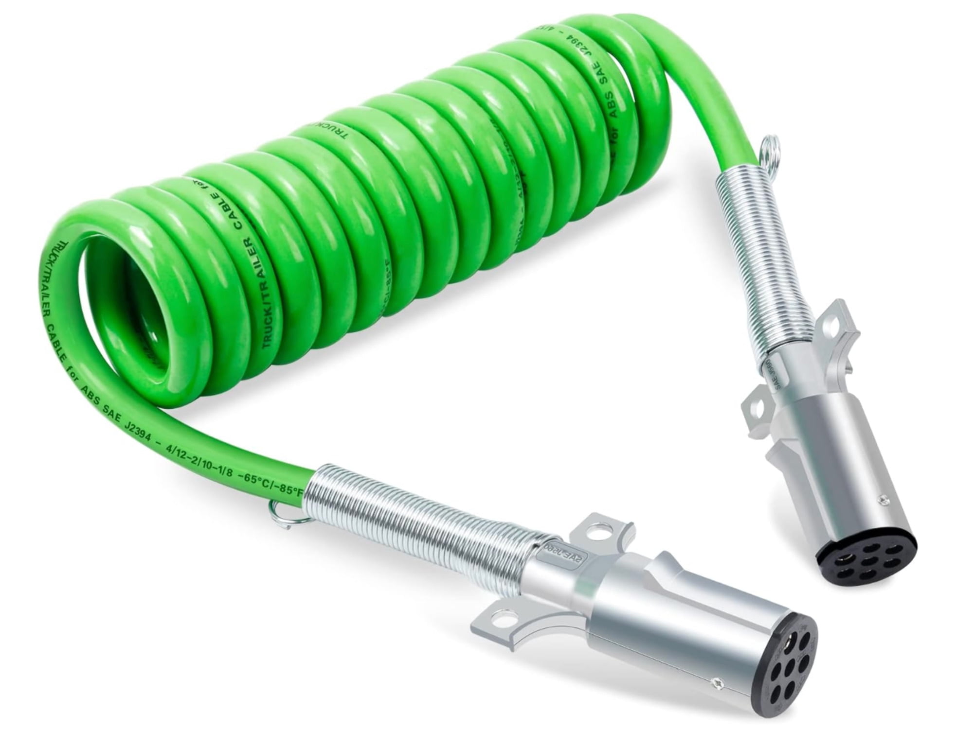7 Way Coiled Trailer Cord 15 FT Green ABS Electrical Power Coil Heavy ...