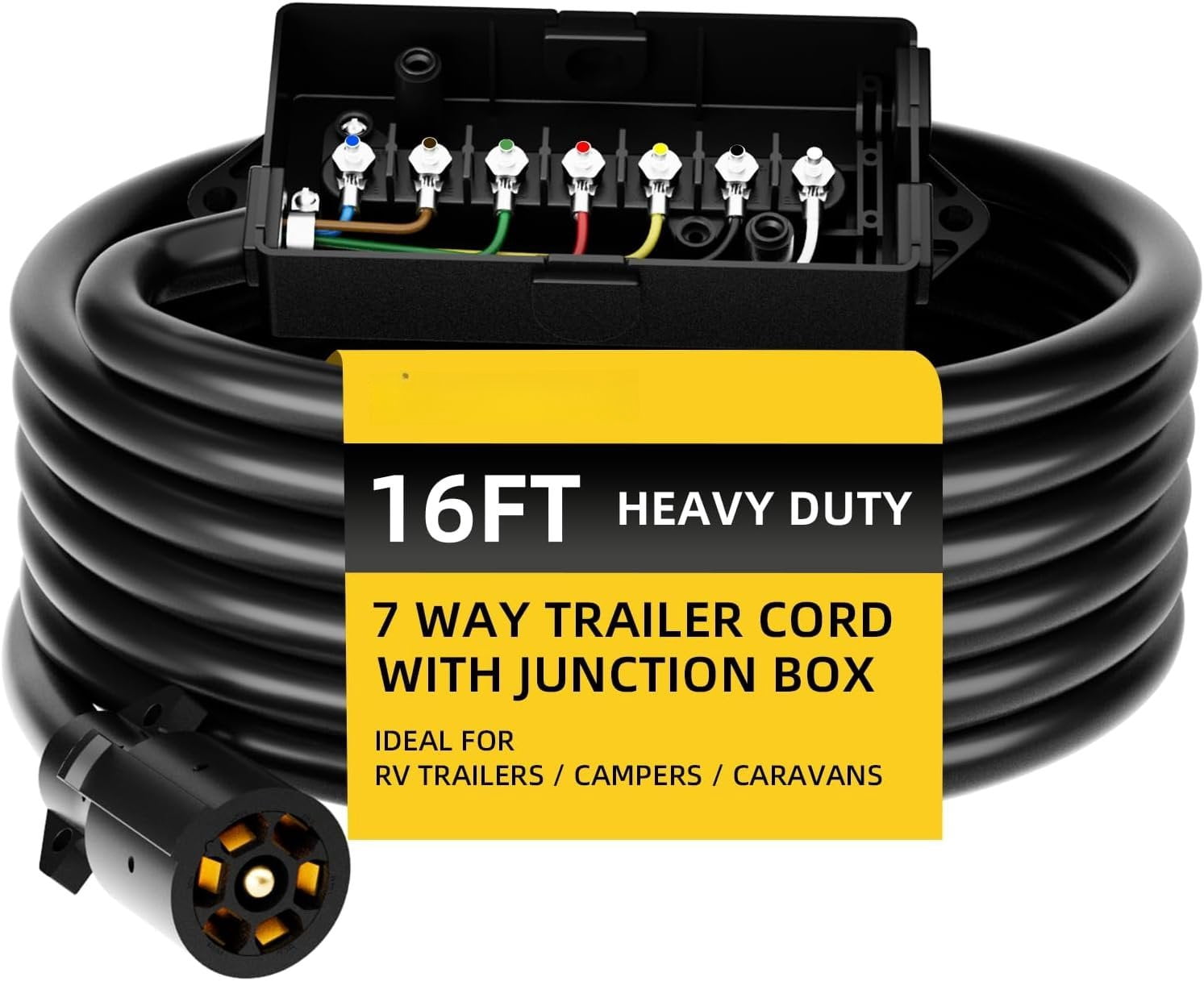 7 Way Plug Inline Trailer Cord with 7 Gang Junction Box - 16 , Heavy ...