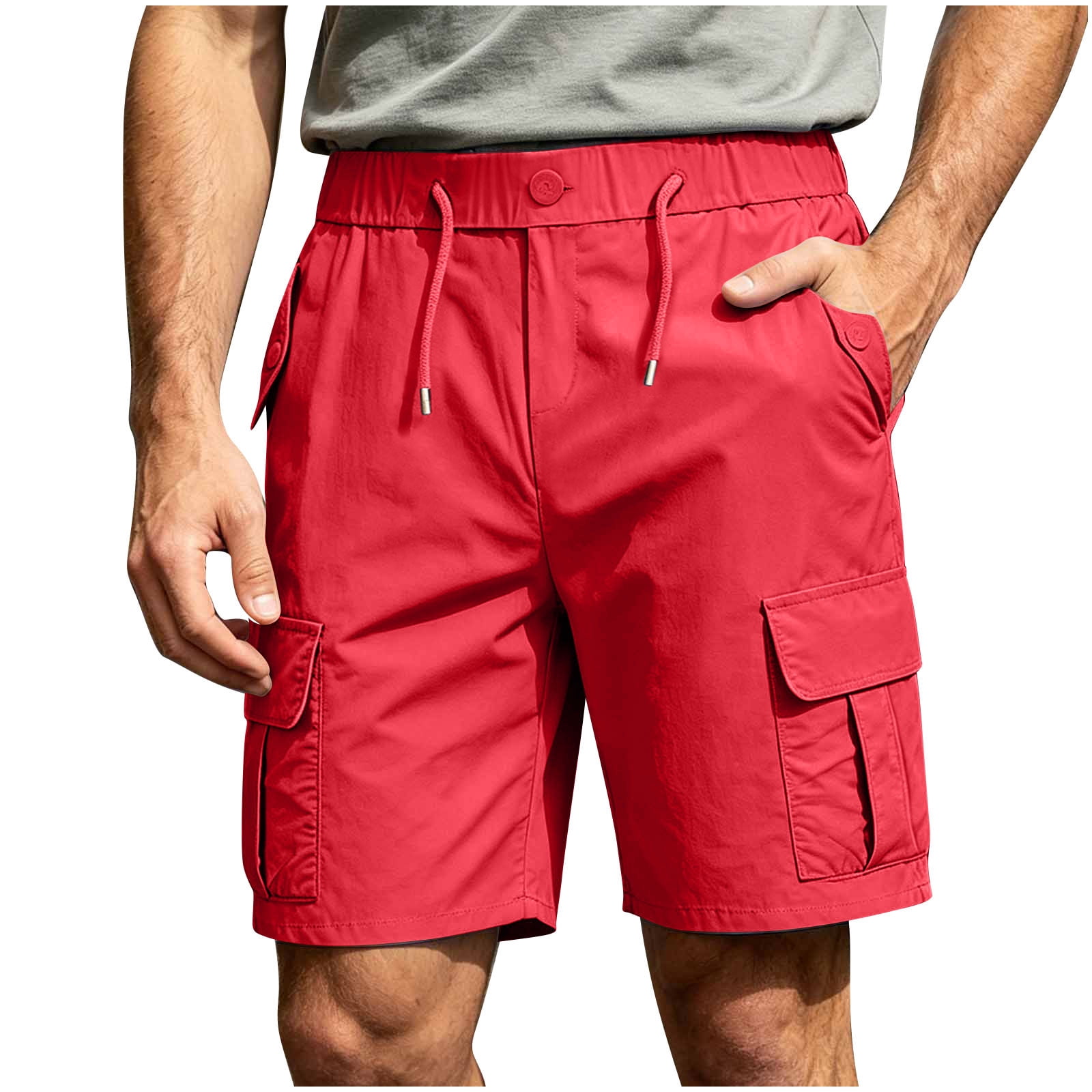 7" Workout Pants for Men Multi-Pocket Elastic Drawstring Waist Solid ...