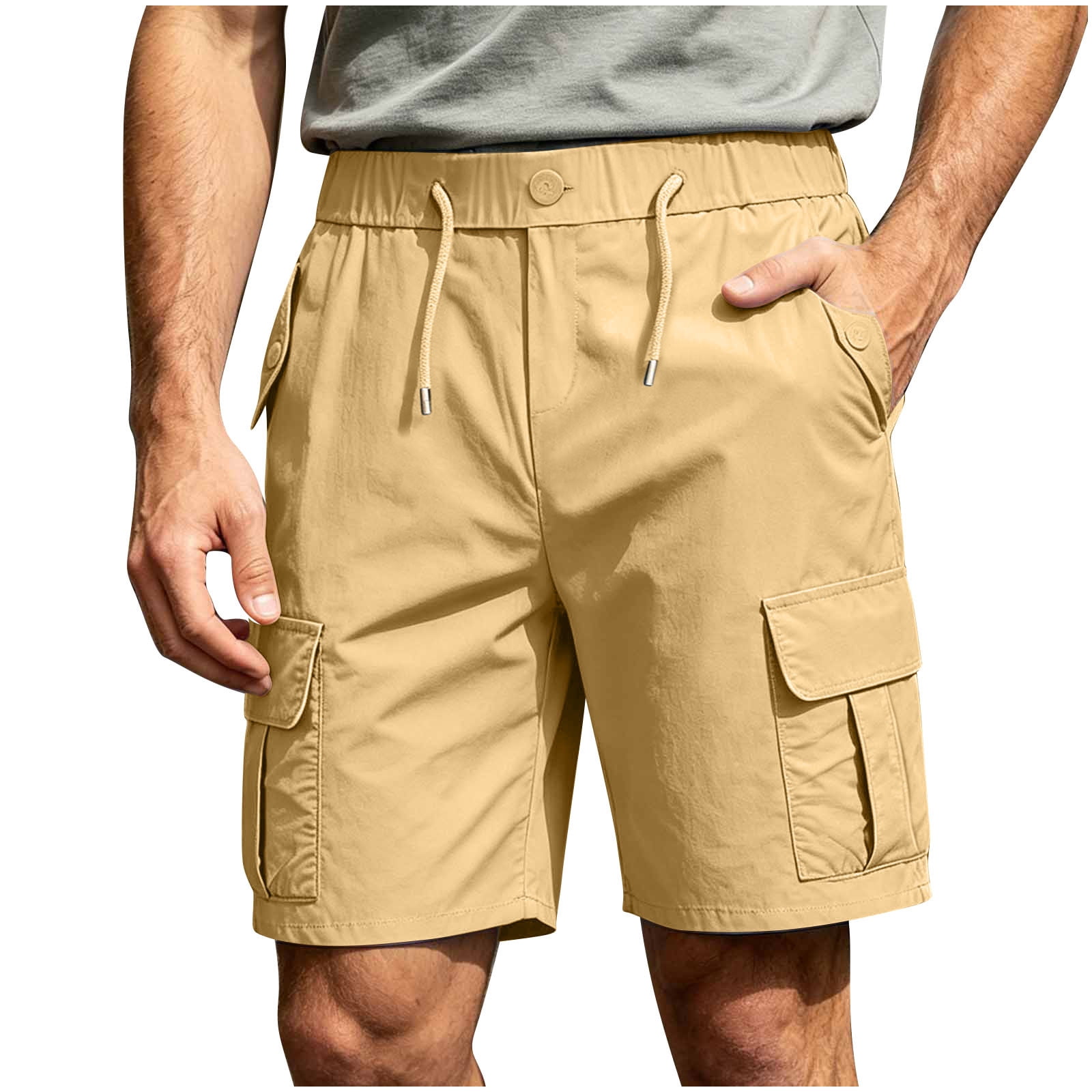 7" Workout Pants for Men Multi-Pocket Elastic Drawstring Waist Solid ...