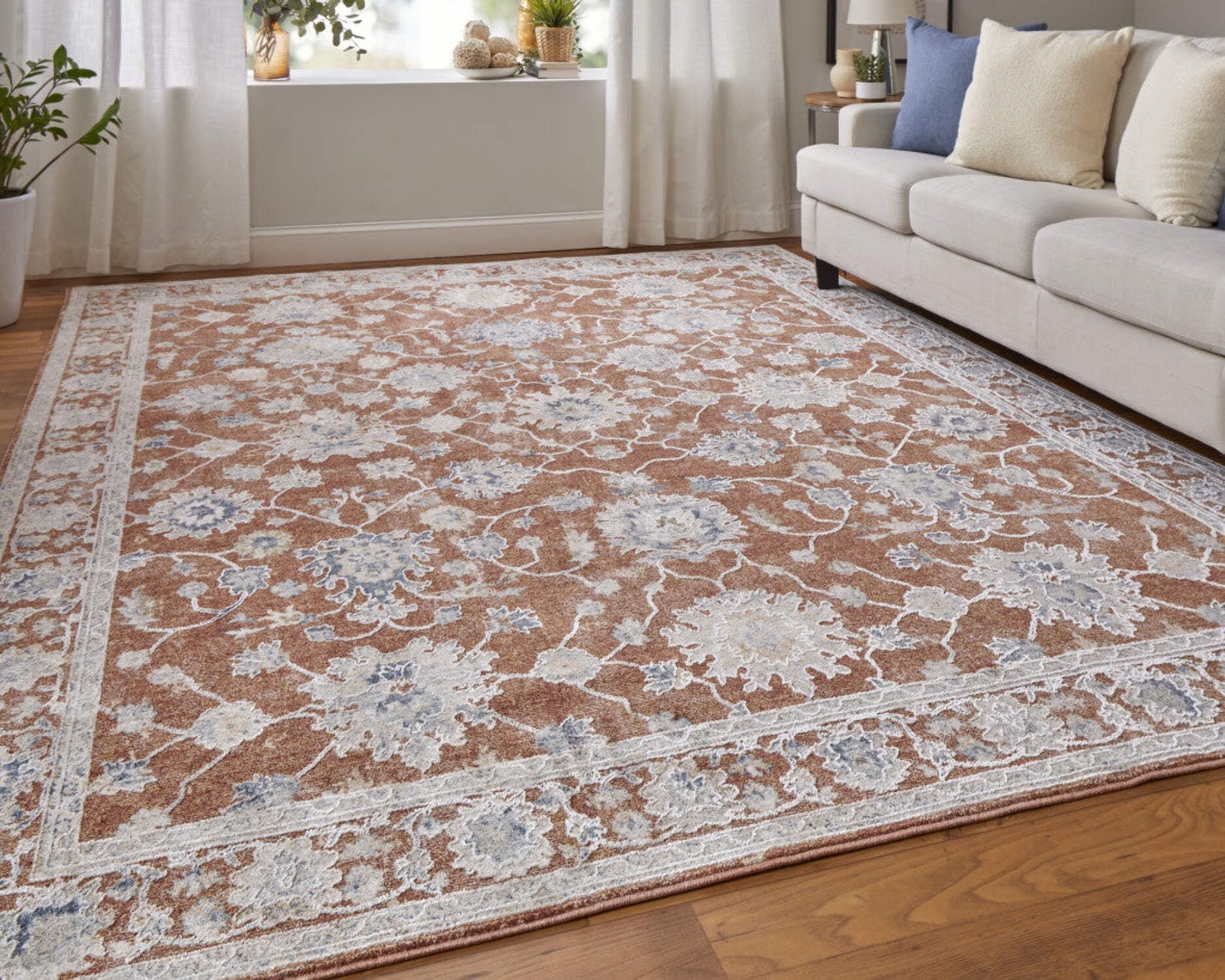 7' X 10' Ivory Taupe and Blue Floral Power Loom Worn Faded Area Rug ...