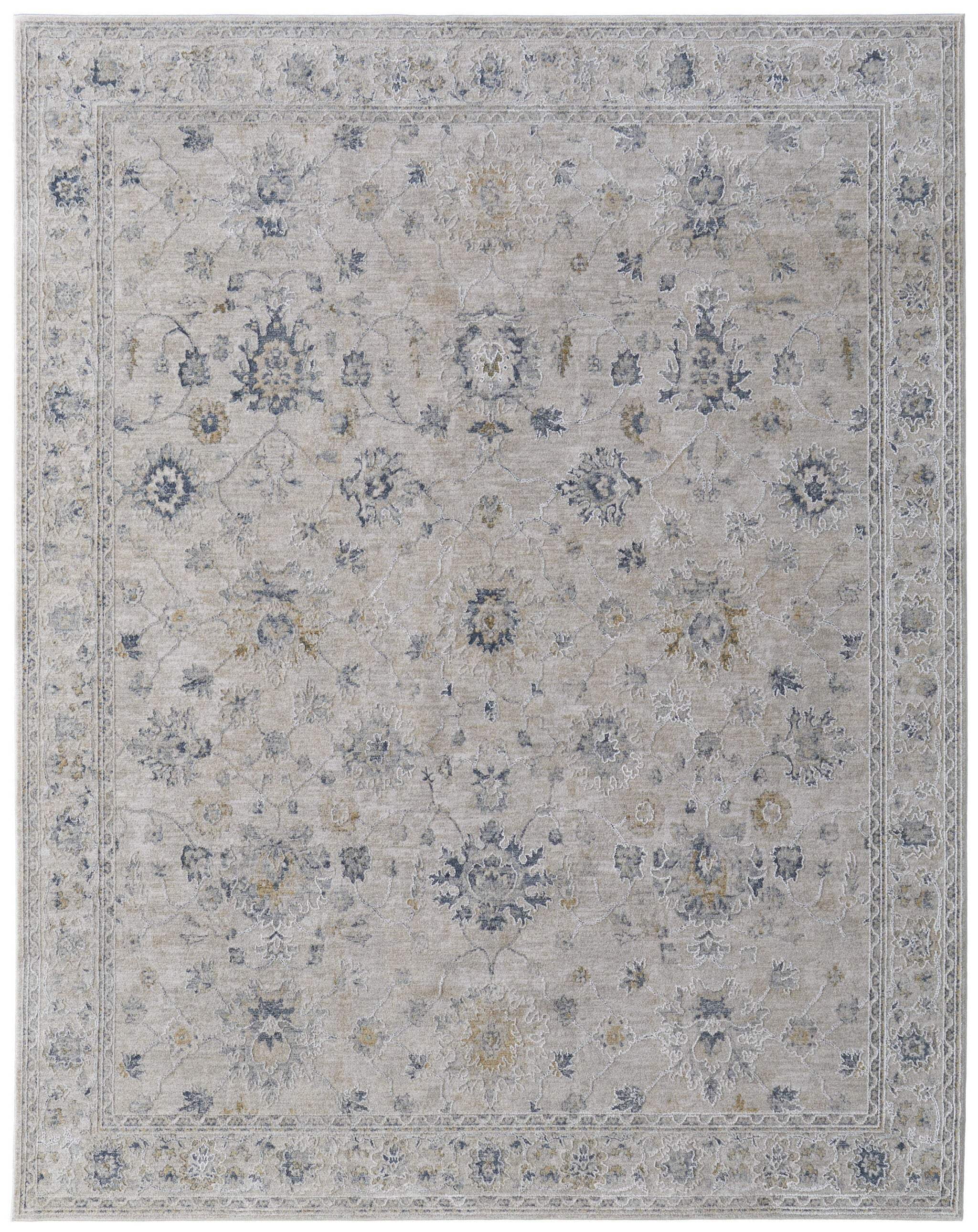 7' X 10' Ivory Taupe and Blue Floral Power Loom Worn Faded Area Rug ...