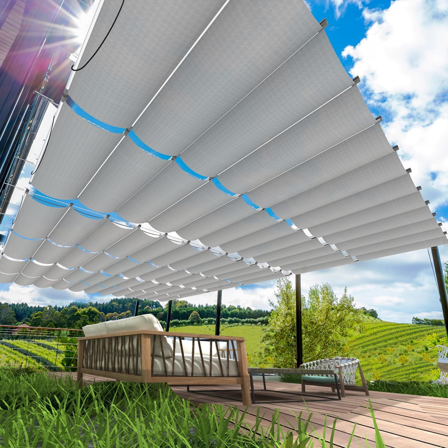 7' X 16' Retractable Wave Awning Cover, Slip Rope Retractable Shade ...