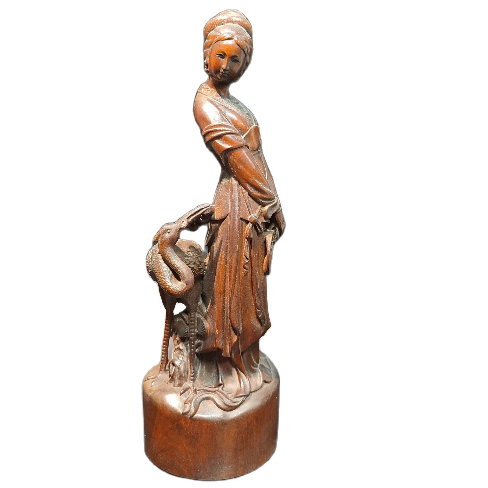 7" antique wood carved figures girl crane statue wooden carvings for ...