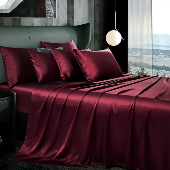 7 count Burgundy Satin Sheets California Silky Satin Bed Sheets Set ...