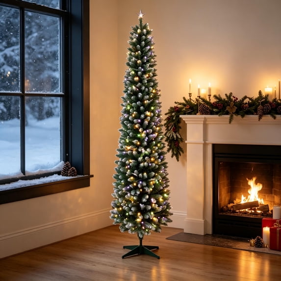 7 ft Flocked Pencil Prelit Christmas Tree with 220 Dual-Color LEDs ...