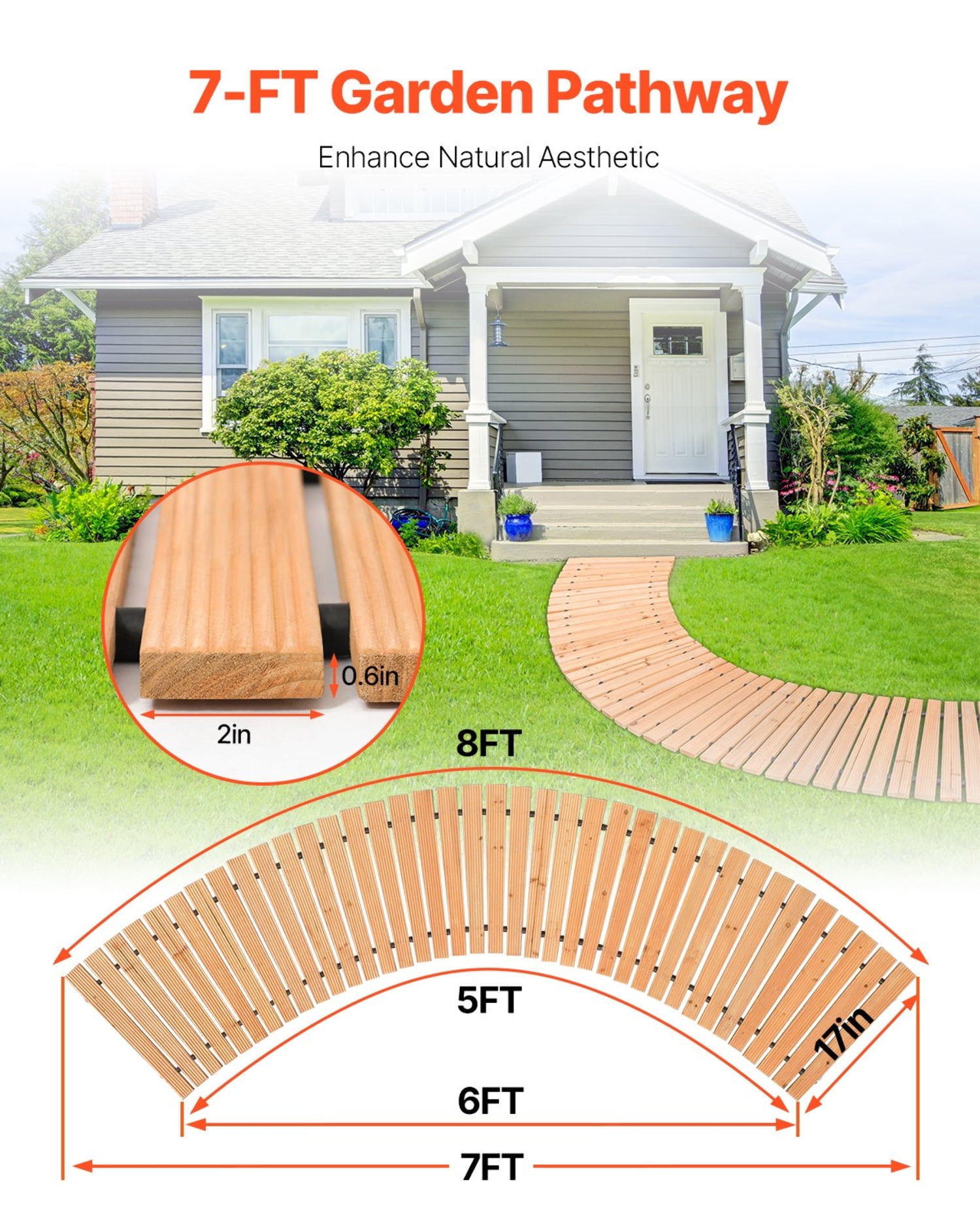 7 ft L x 17 in W Curved Wooden Garden Pathway Roll Out Garden Walkway ...