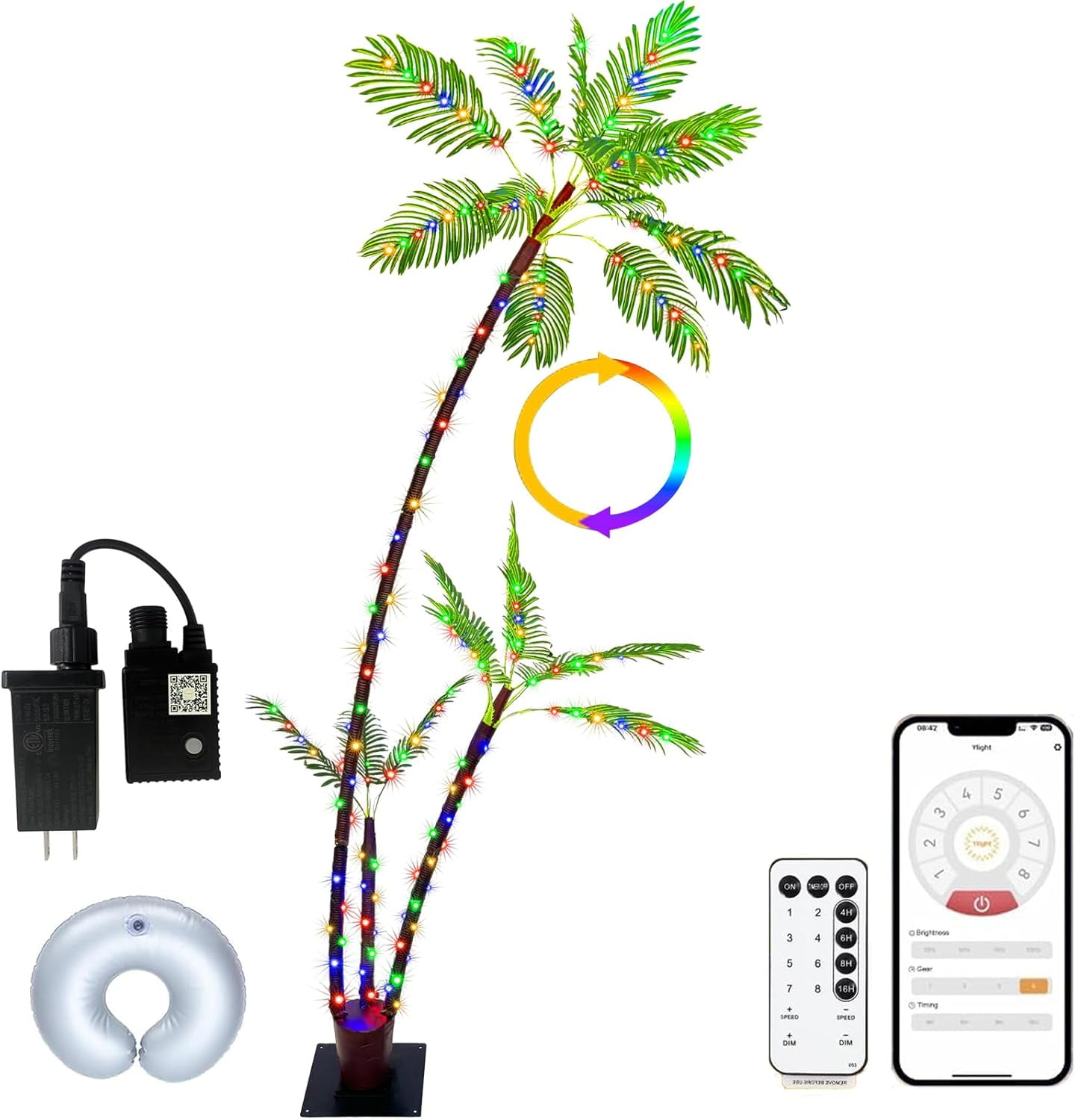 7 ft Lighted Artificial Palm Tree with Three Trunks 242 LED Lights ...