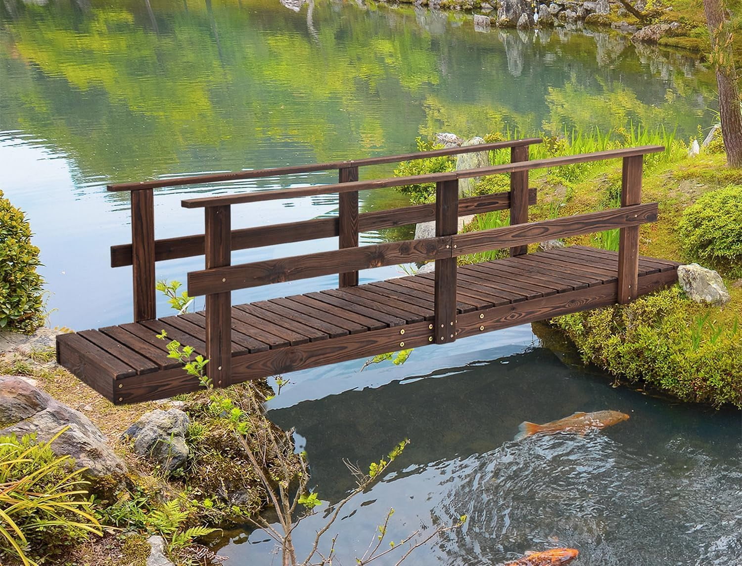 7 ft Pine Wood Garden Bridge with with Safety Rails, Large Wooden Arch ...