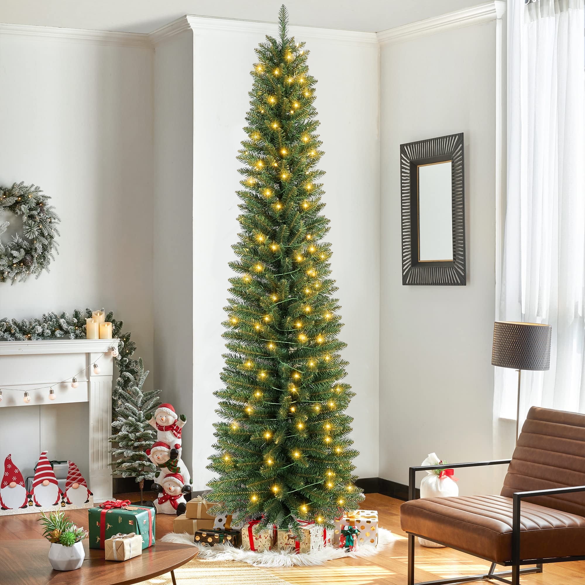7 ft Pre-Lit Pencil Christmas Tree, Slim Spruce Holiday Decoration with ...