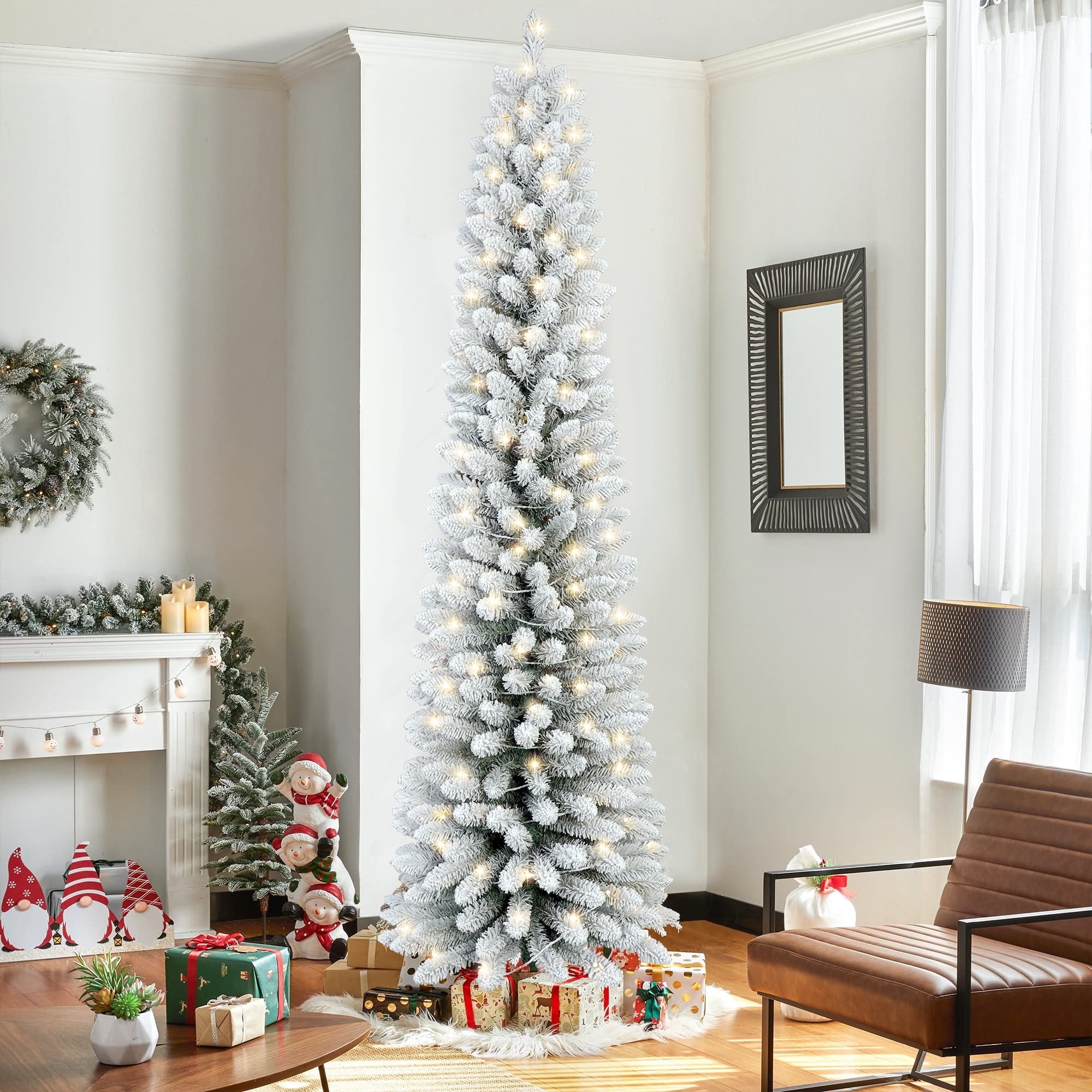 7 ft Pre-Lit Pencil Flocked Christmas Tree, Slim Spruce Holiday Decoration with Incandescent ...