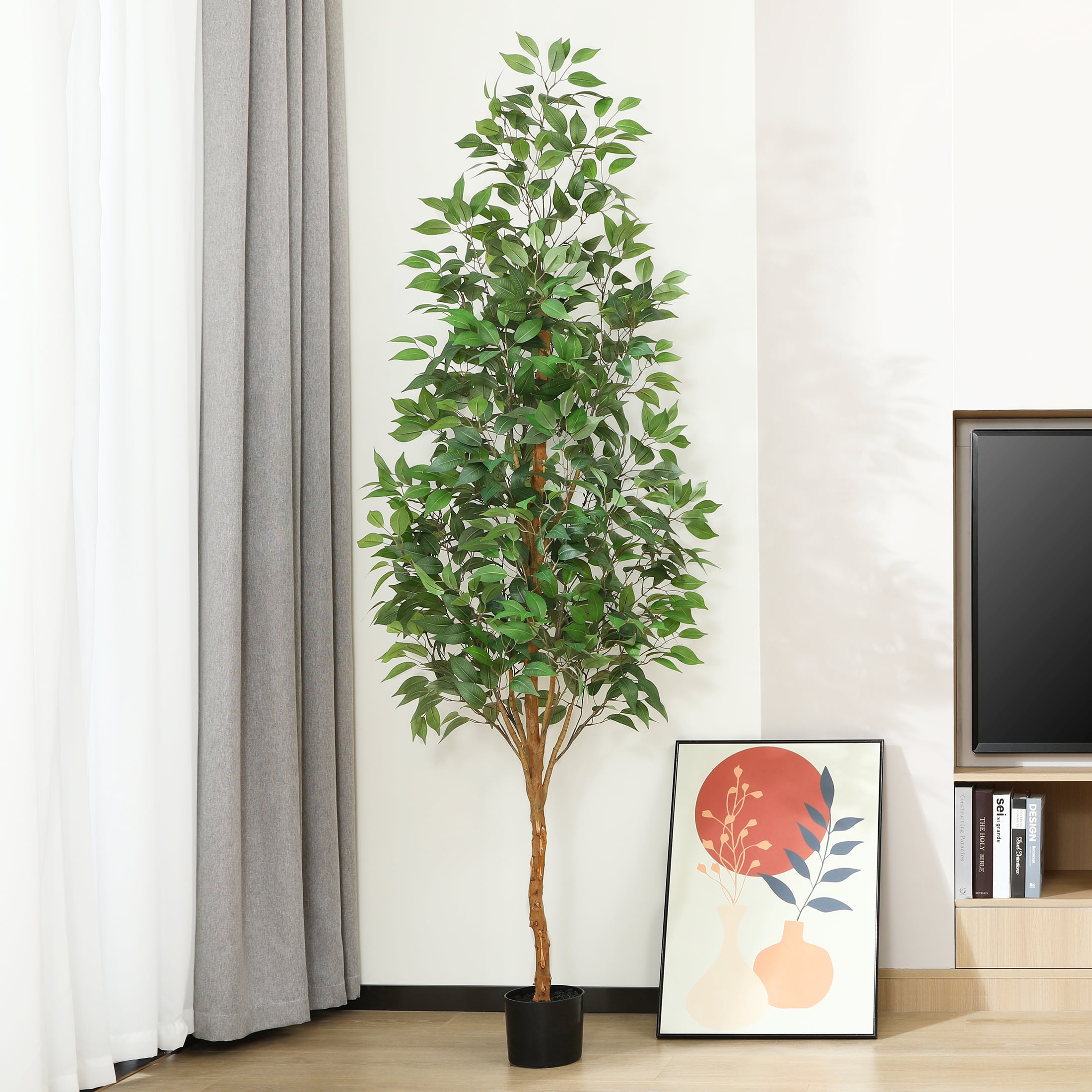 7ft Tall Indoor Artificial Ficus Fig Tree in Pot, Fake Floor Plant with ...
