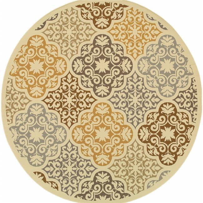 7 ft. Round Ivory Grey Floral Medallion Indoor & Outdoor Area Rug ...