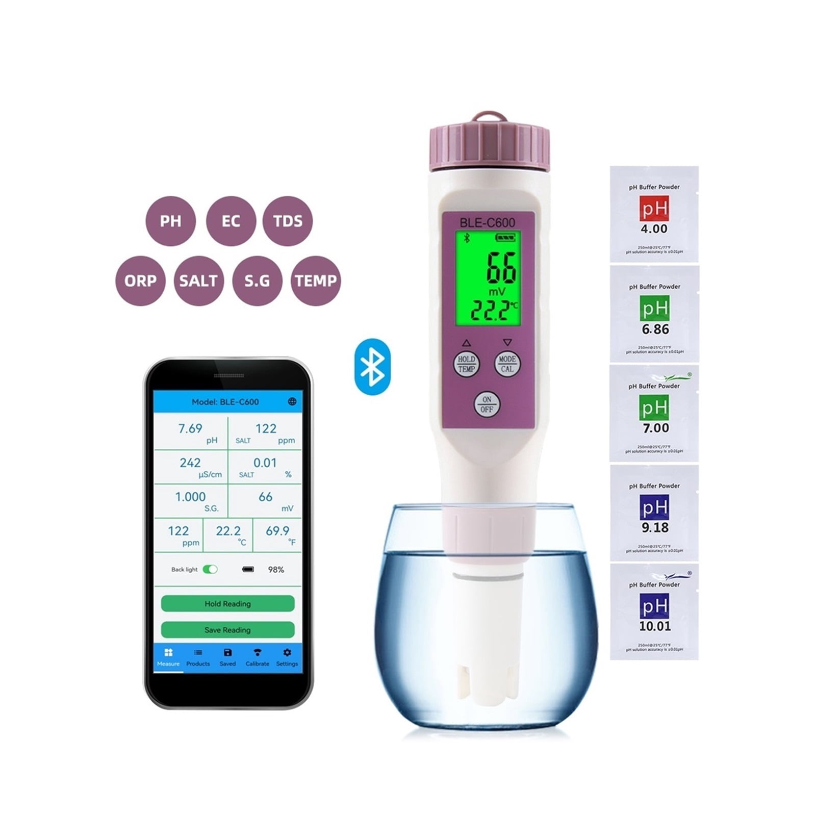 7-in-1/5-in-1 Bluetooth PH Meter Smart PH EC TDS ORP SALT S.G TEMP ...