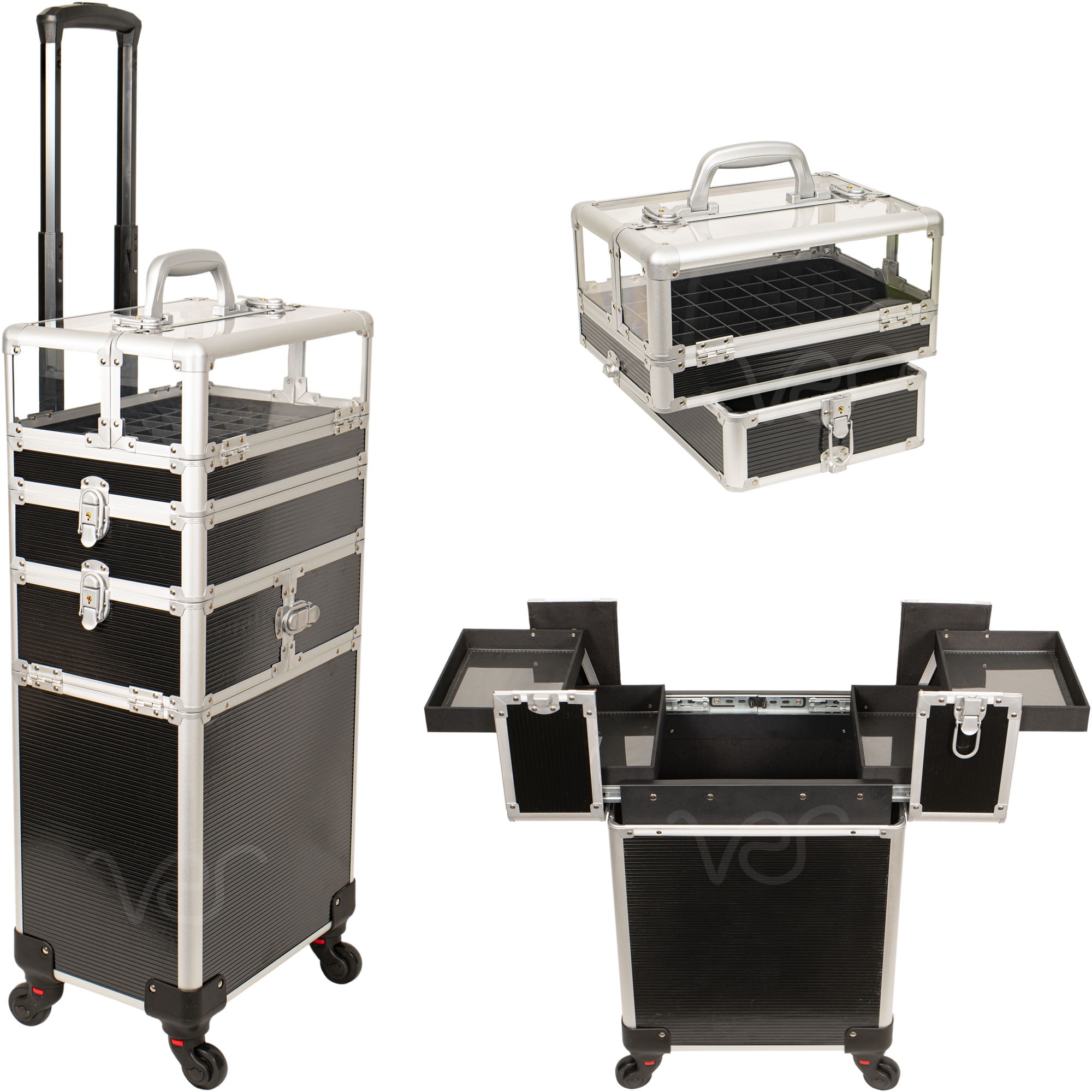 7-in-1 Aluminum Rolling Makeup & Nail Tech Train Case - Large Capacity Travel Trolley with Clear ...