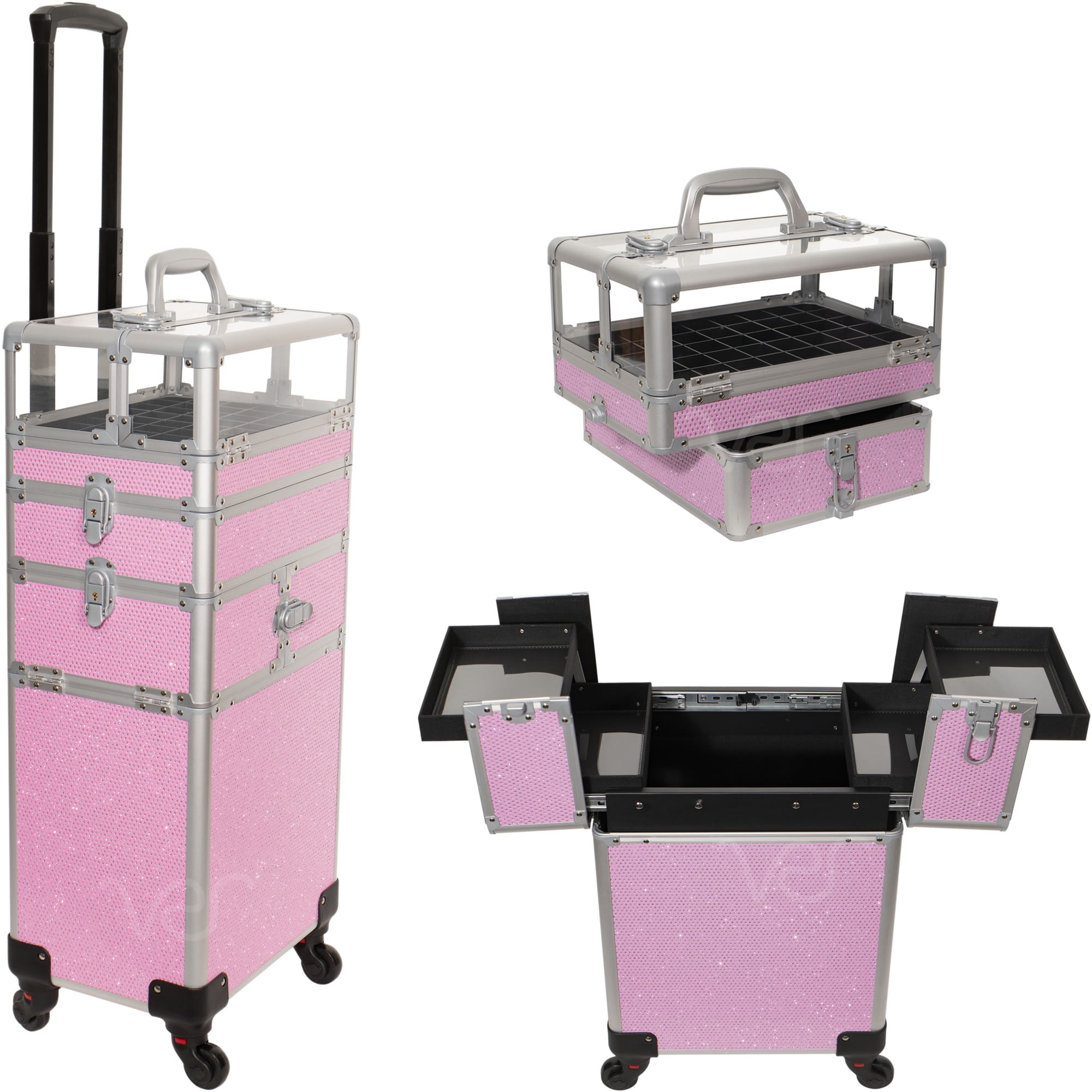 JC Beauty 7-in-1 Aluminum Makeup Trolley - Large Capacity, Clear Top ...