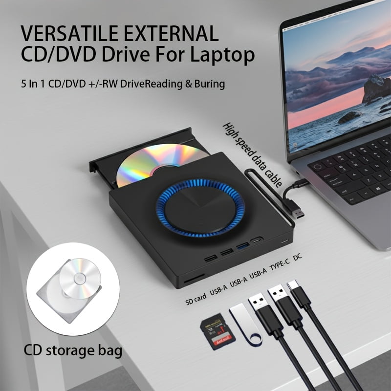 7-in-1 External DVD/CD Drive with USB 3.0 Hub, Portable Burner and ...