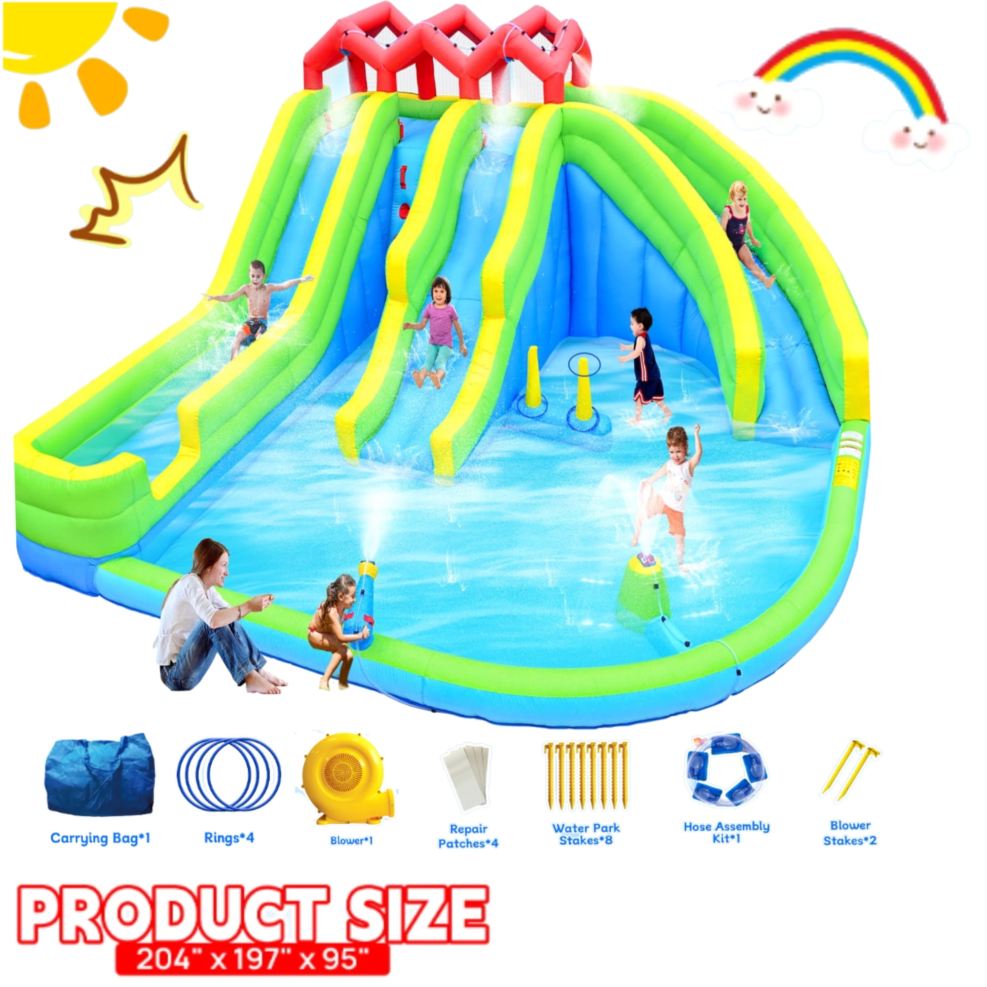 7-in-1 Inflatable Water Park - 3 Giant Slides, Water Guns, Sprinklers ...