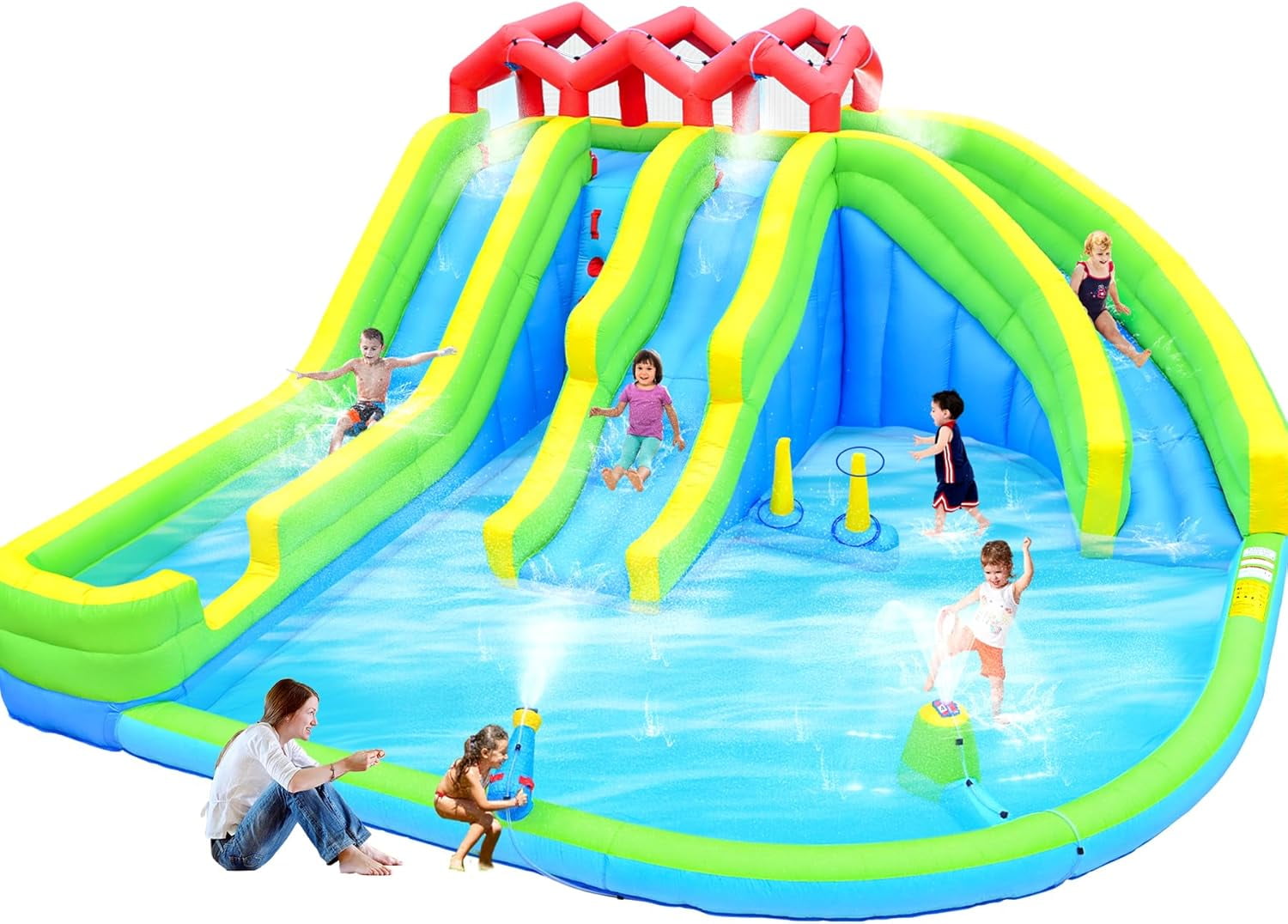 7-in-1 Inflatable Water Park with 3 Slides, Splash Pool, Water Gun ...