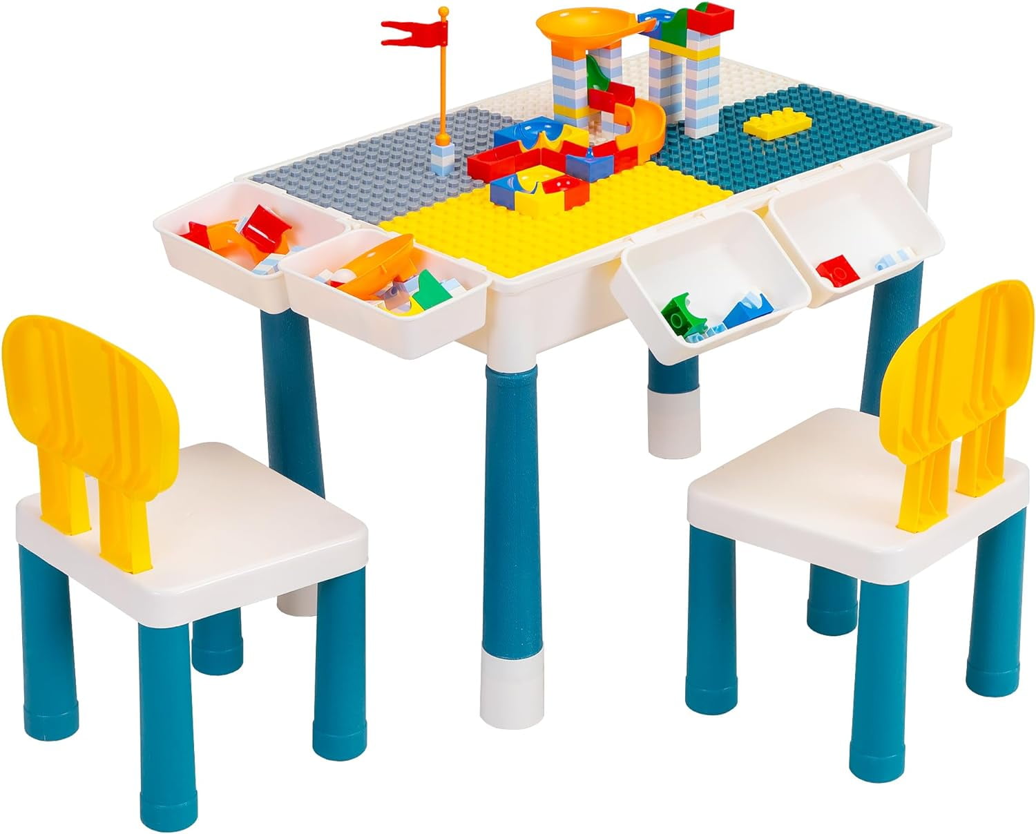 7-in-1 Kid Activity Table Set w/2 Chairs & 100Pcs Large Size Blocks ...