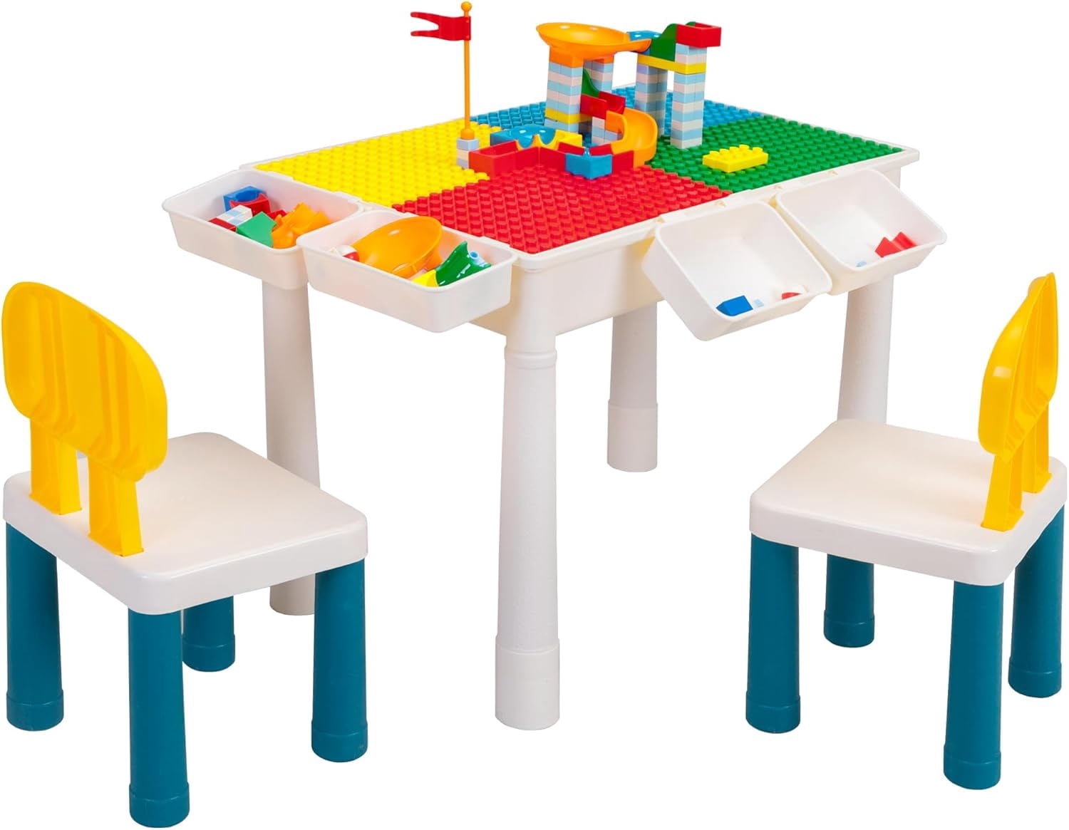 7-in-1 Kid Activity Table Set w/2 Chairs & 100Pcs Large Size Blocks ...