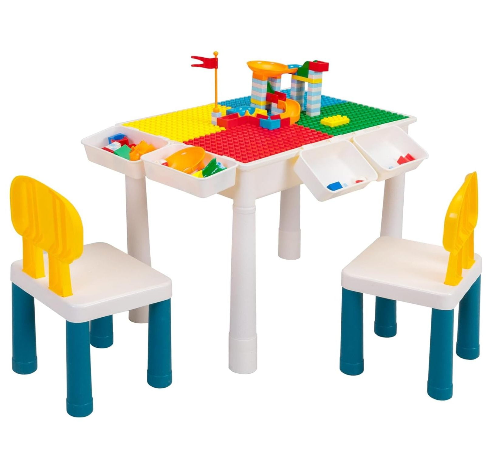7-in-1 Kid Activity Table Set w/2 Chairs & 100Pcs Large Size Blocks ...