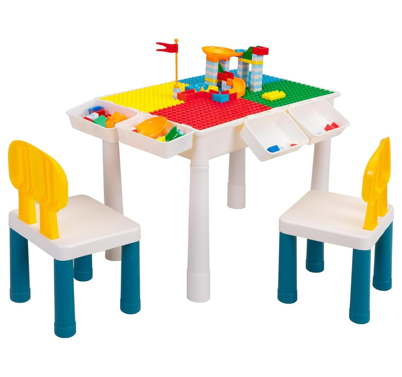 7-in-1 Kid Activity Table Set w/2 Chairs & 100Pcs Large Size Blocks, Compatible with Classic ...