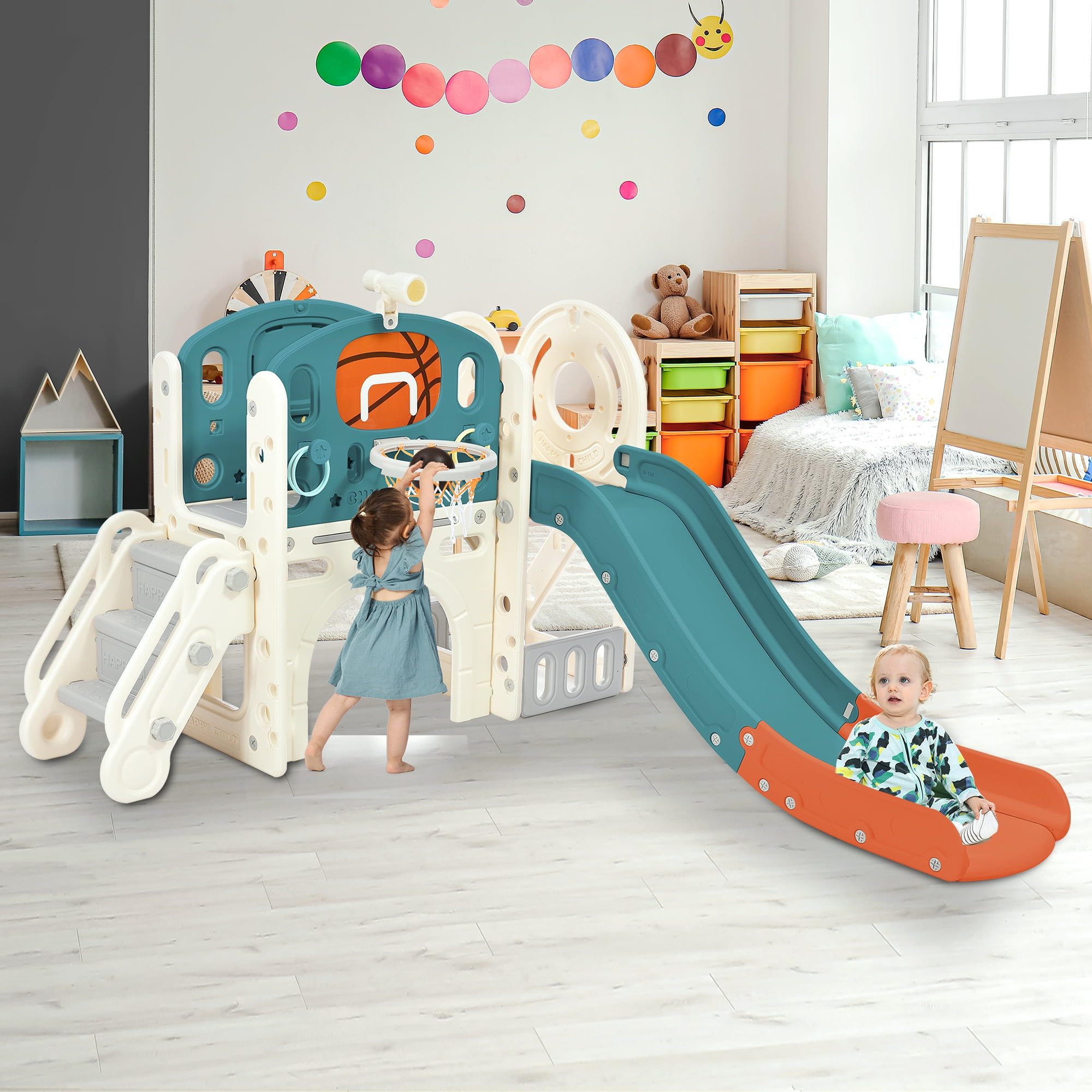 7-in-1 Kids Slide Playset, Kids Playground with Climbers Basketball ...