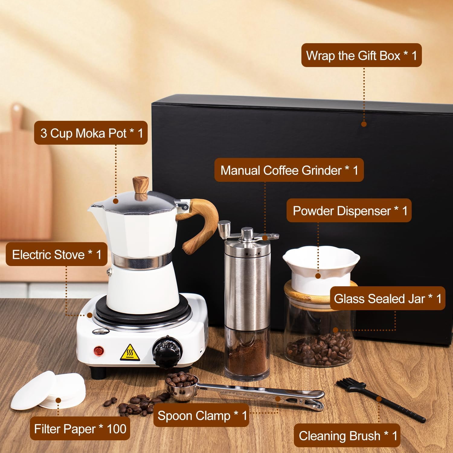 7-in-1 Moka Pot Espresso Set, Stovetop Coffee Maker with Hand Grinder ...