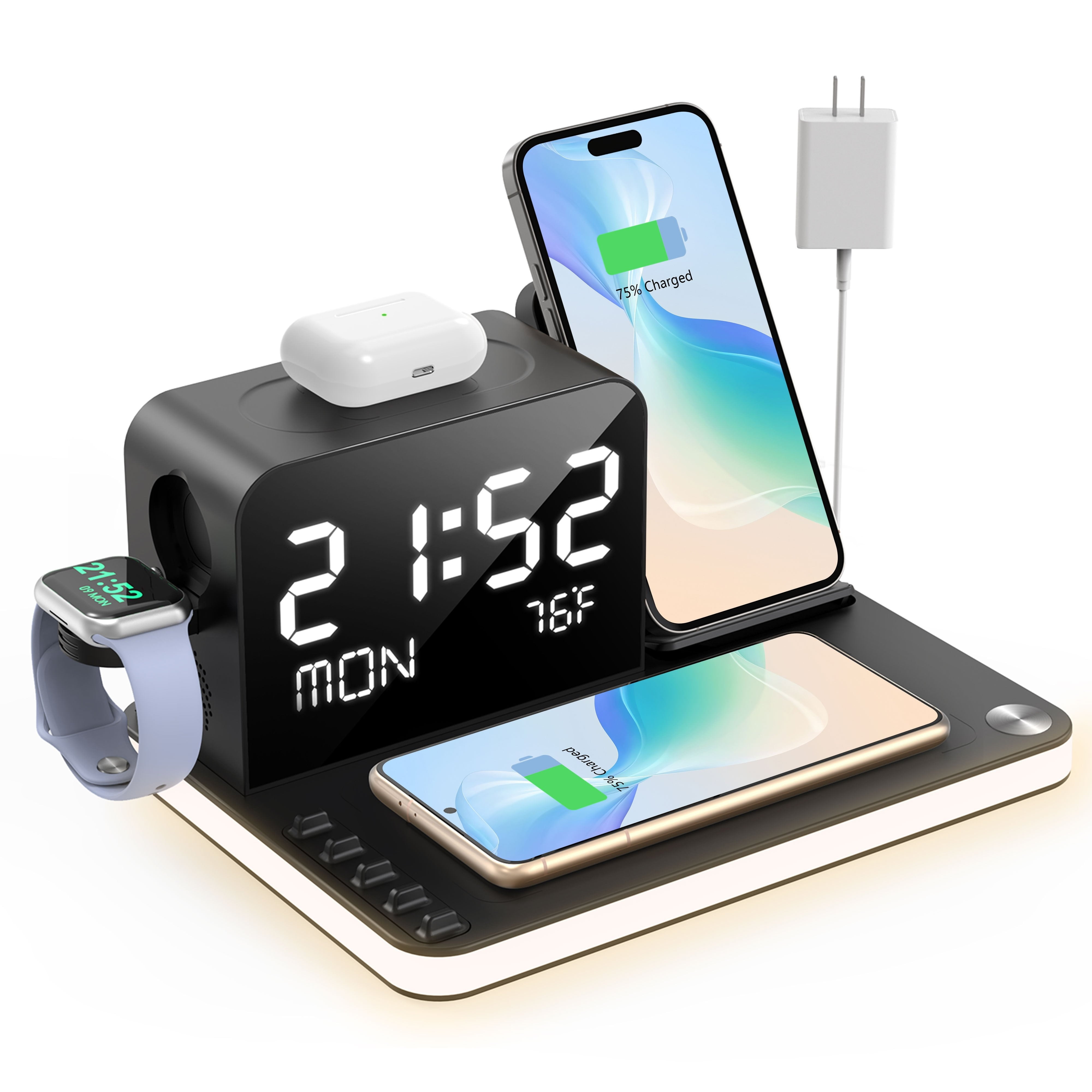 7-in-1 Multi-function Wireless Charging Station - with Night Light/Clock/Temperature Display ...