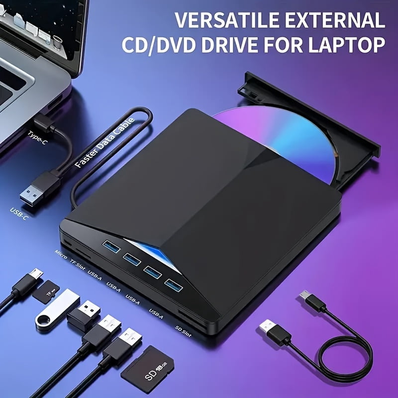 7-in-1 Portable USB External DVD Drive for Laptop, USB C/Micro USB ...