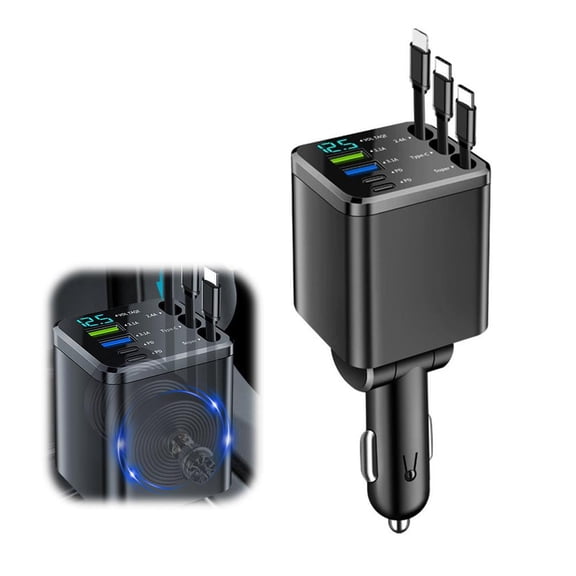 4-in-1 100W USB Car Charger, Retractable Dual Type-C, 2 USB Ports ...