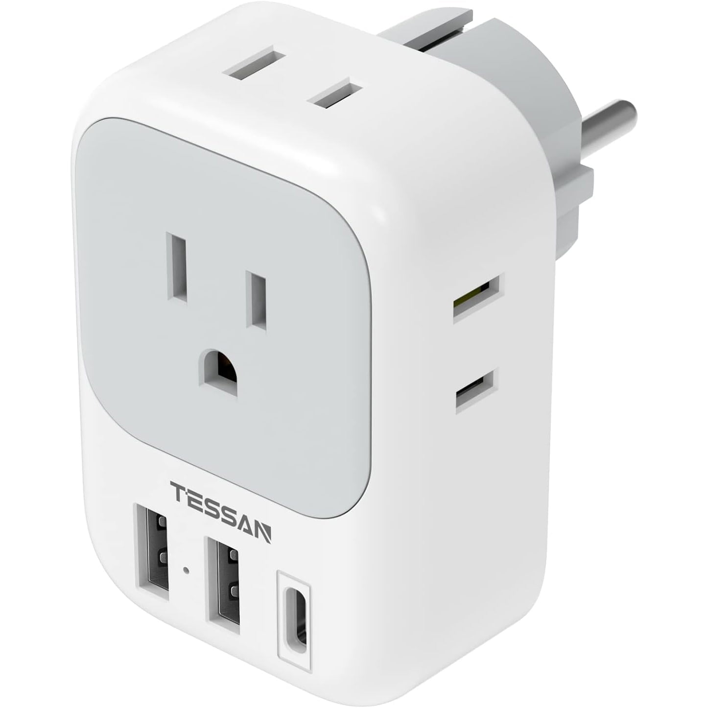 7-in-1 US to EU travel adapter: 4 AC sockets, 3 USB ports, E/F type ...