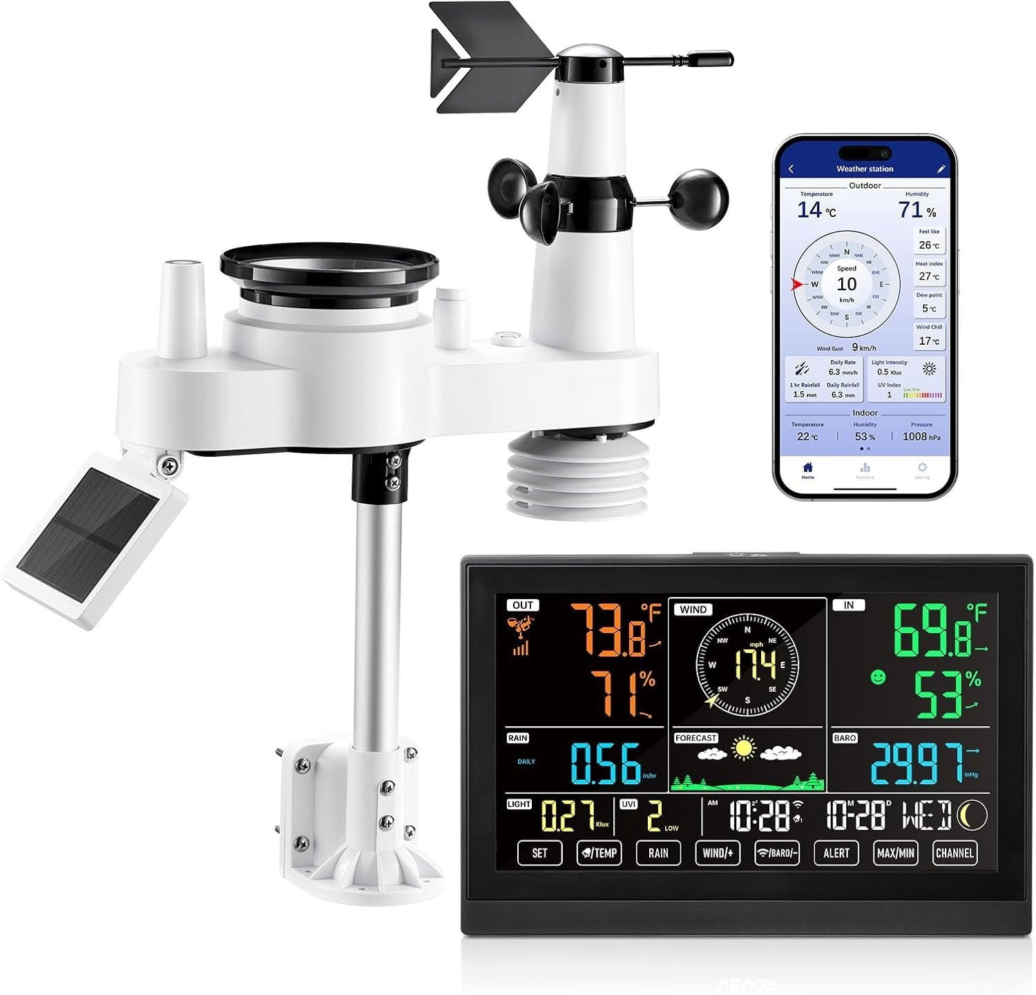 7-in-1 Weather Station with APP, 7.5-Inch VA Display, Solar Outdoor ...