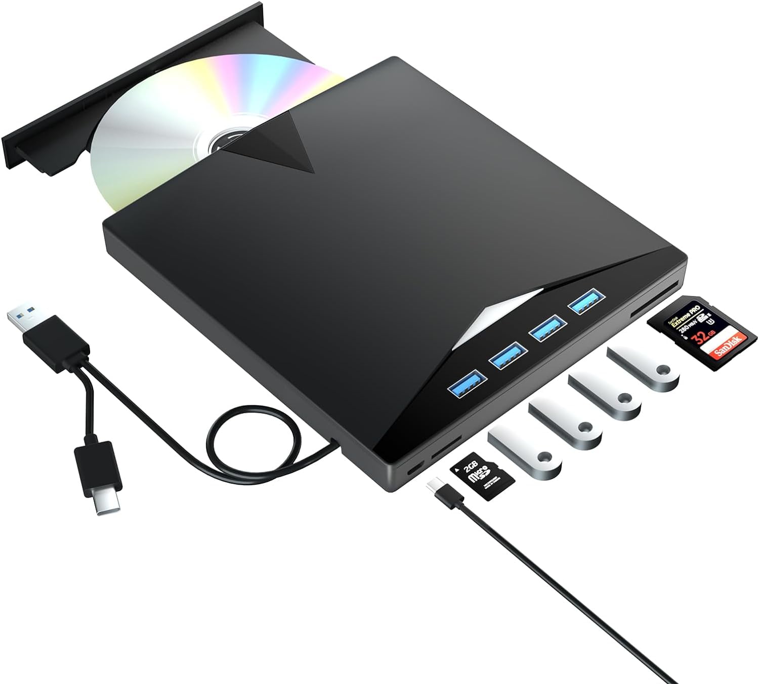 7 in1 External CD DVD Drive with 4 USB Ports and TF/SD Slots,USB 3.0 ...