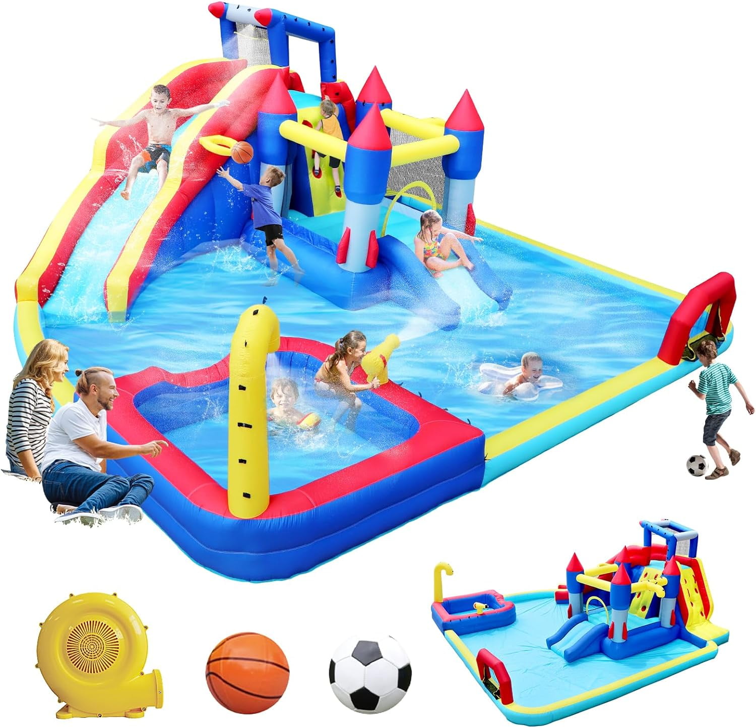 7 in1 Inflatable Water Park Three Slide with Blower Water Gun Sprinkler ...