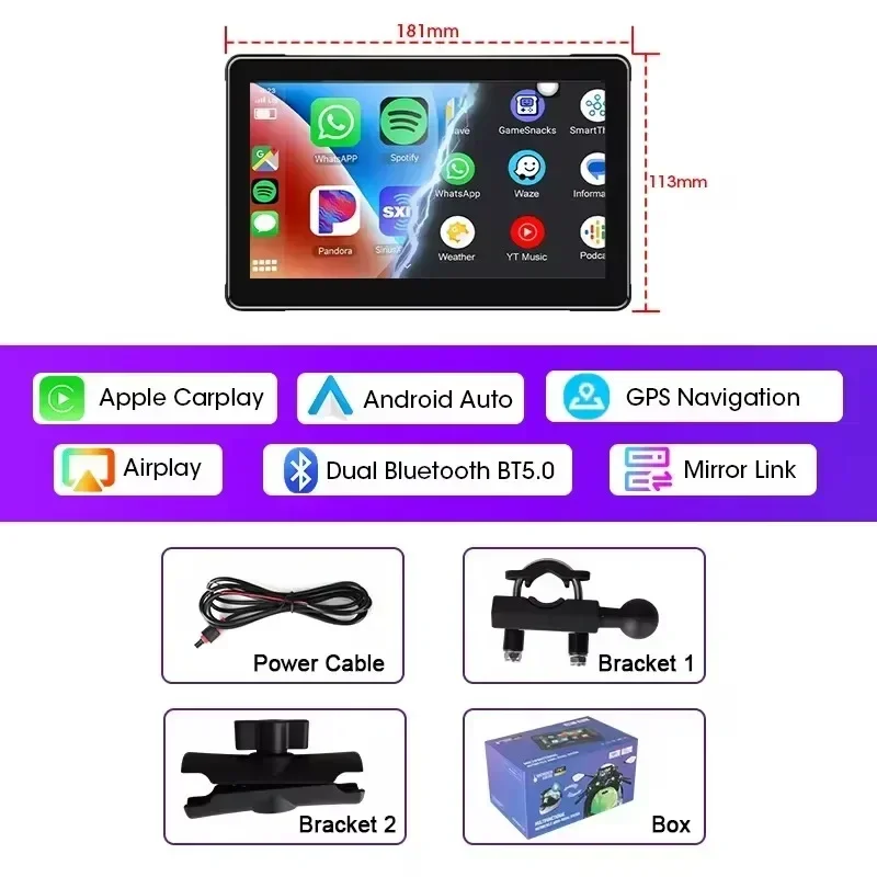 7 inch 2K HD Motorcycle DVR Navigation GPS Wireless CarPlay Android ...