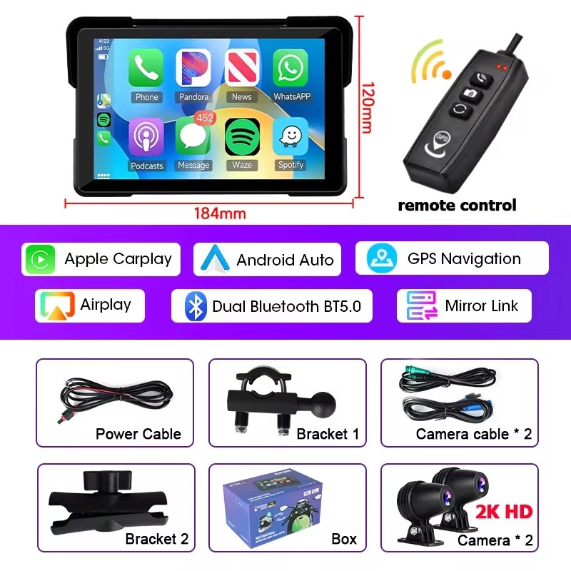7 inch 2K HD Motorcycle DVR Navigation GPS Wireless CarPlay Android ...
