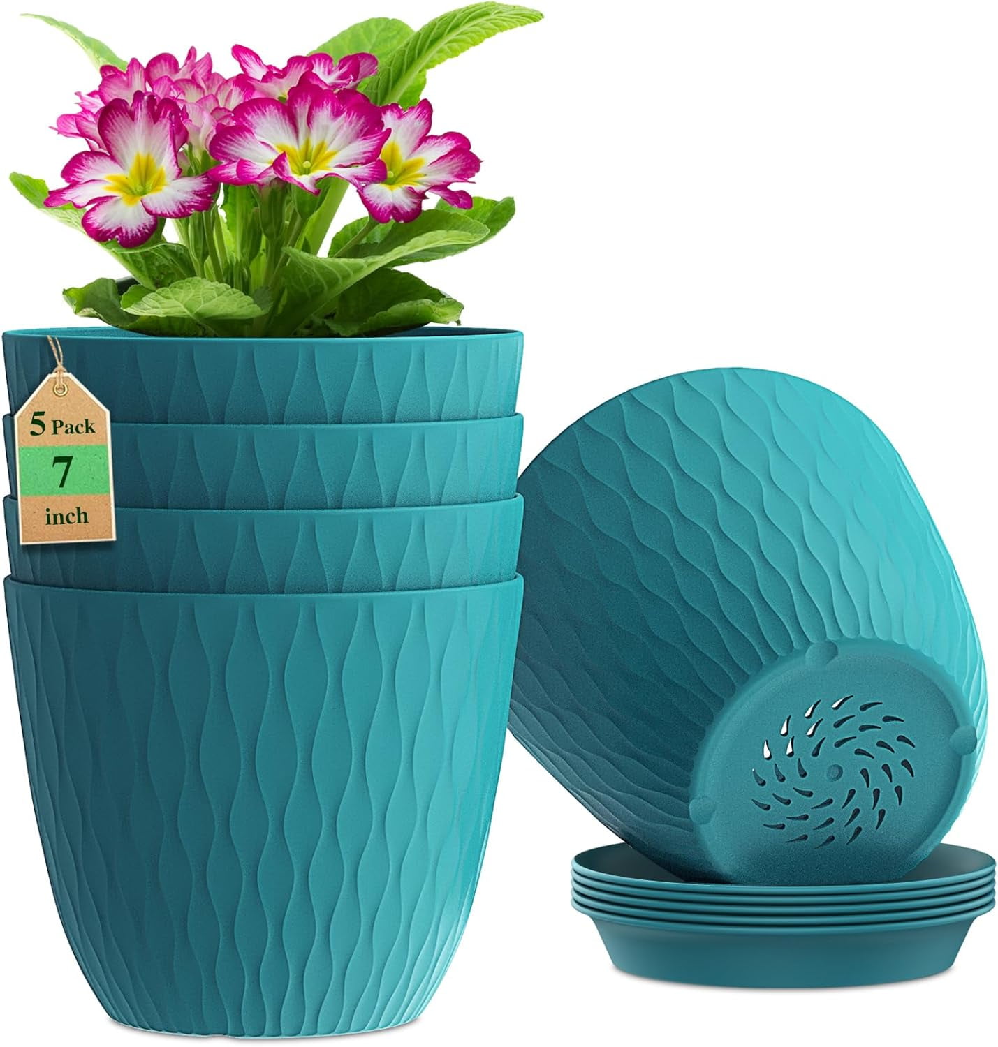 7 inch Flower Pots, 5 Pack Plant Pots with Drainage Holes and Saucers ...