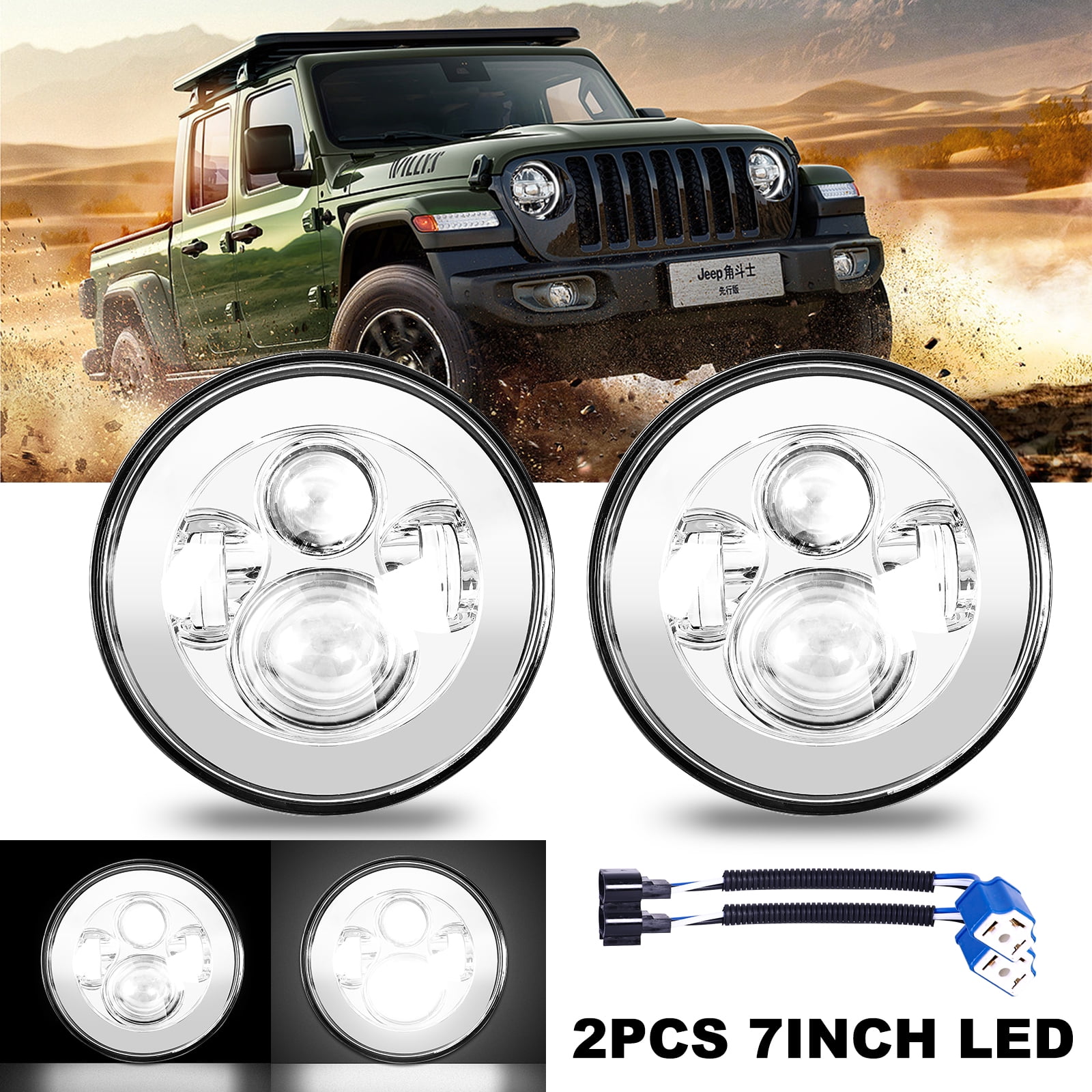 7 inch Led Headlight Round Led Headlight Hi/Lo Beam White DRL Amber ...