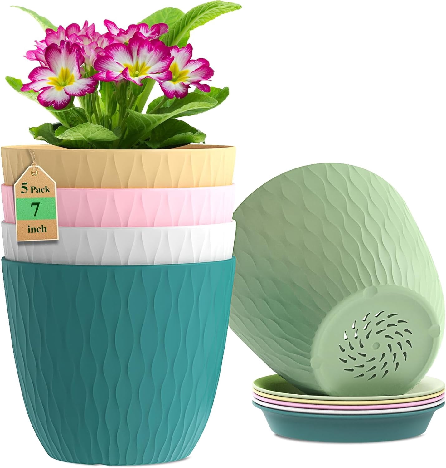 7 inch Plant Pots, 5 Pack Flower Pots with Drainage Holes and Saucers ...